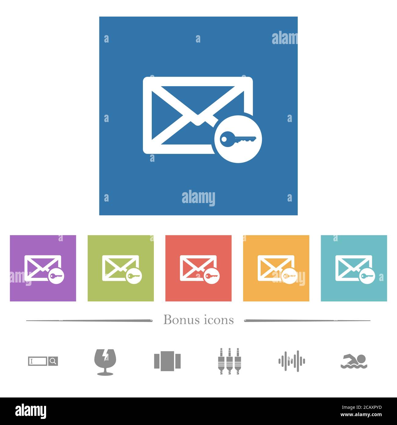 Secure mail flat white icons in square backgrounds. 6 bonus icons ...
