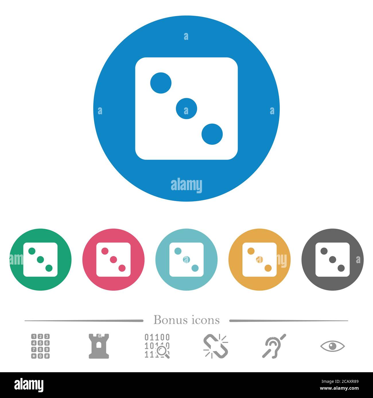 Dice three flat white icons on round color backgrounds. 6 bonus icons ...