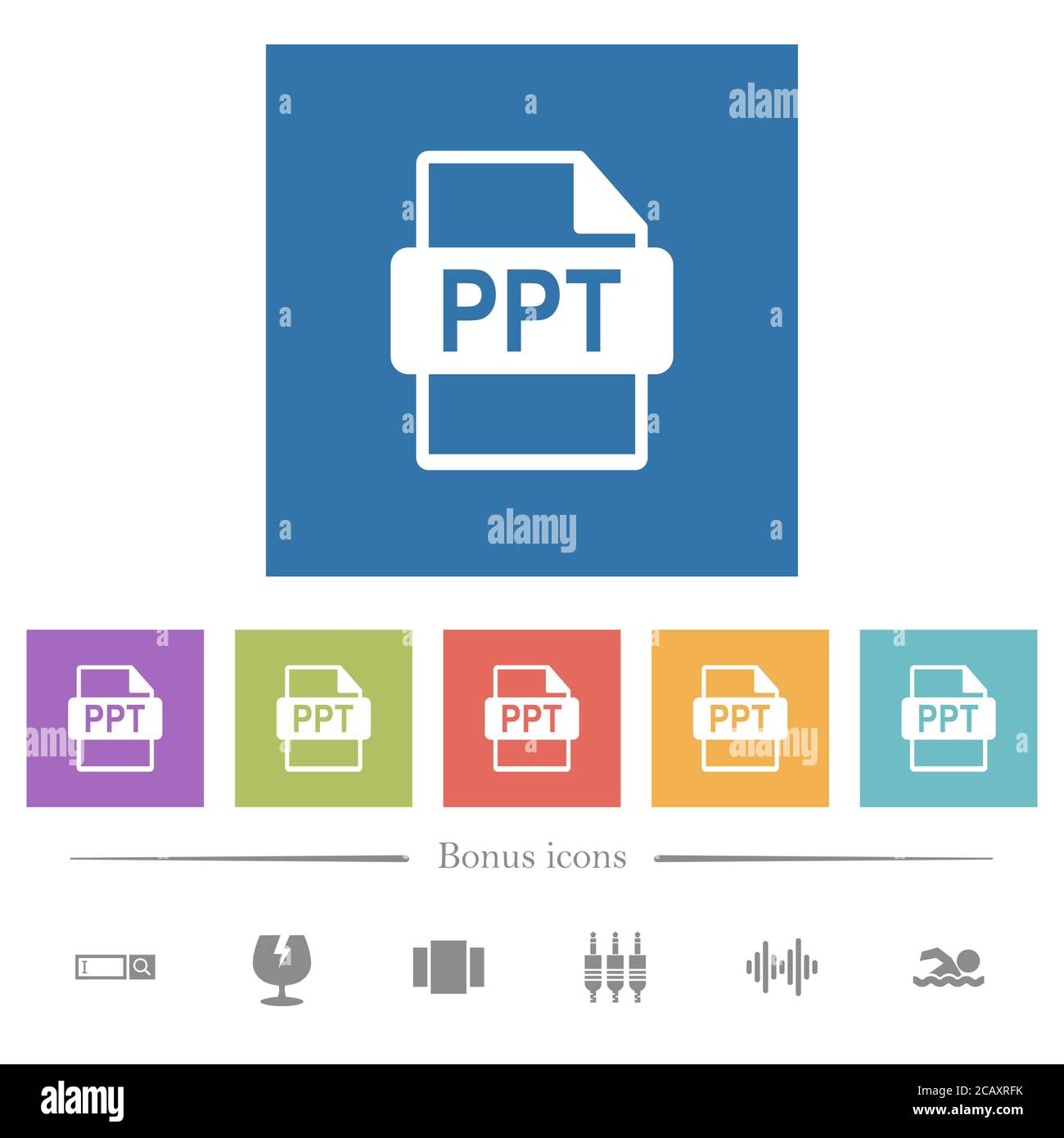 PPT file format flat white icons in square backgrounds. 6 bonus icons ...