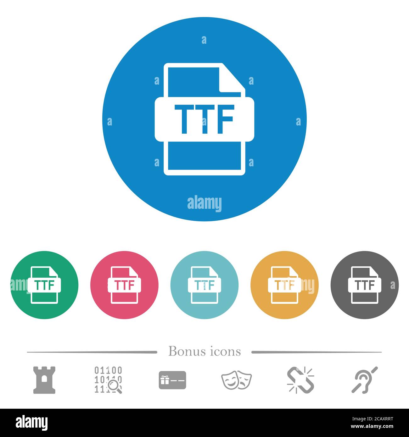 TTF file format flat white icons on round color backgrounds. 6 bonus ...