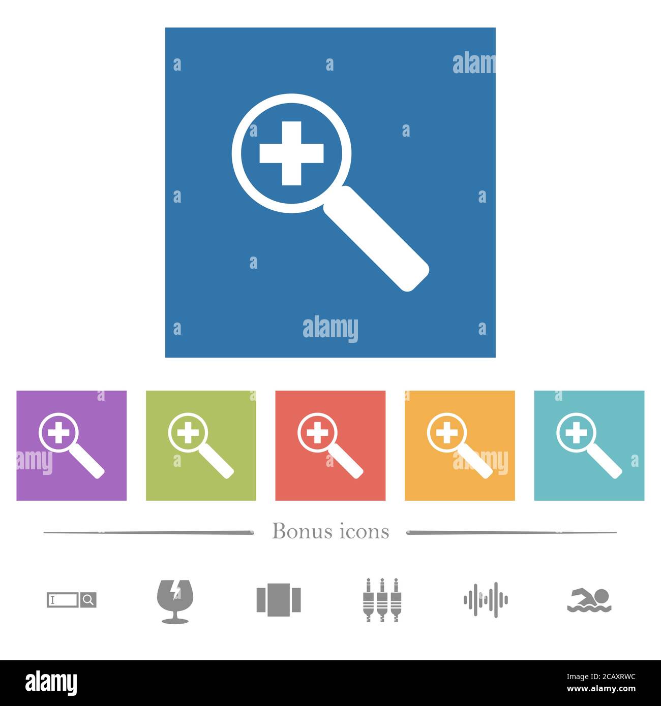 Zoom in flat white icons in square backgrounds. 6 bonus icons included ...