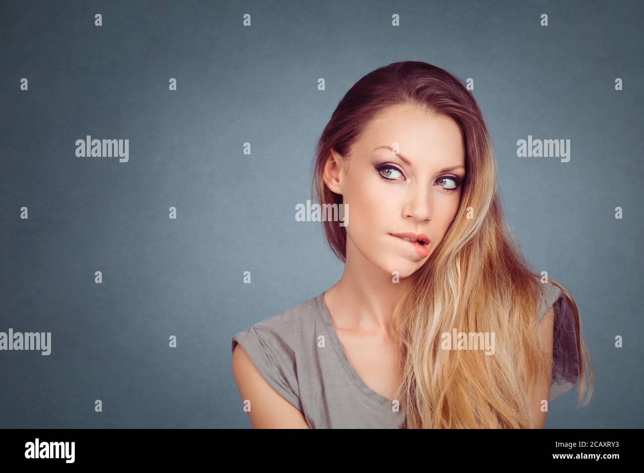 Skeptical. Closeup portrait confused skeptical woman looking up to side ...