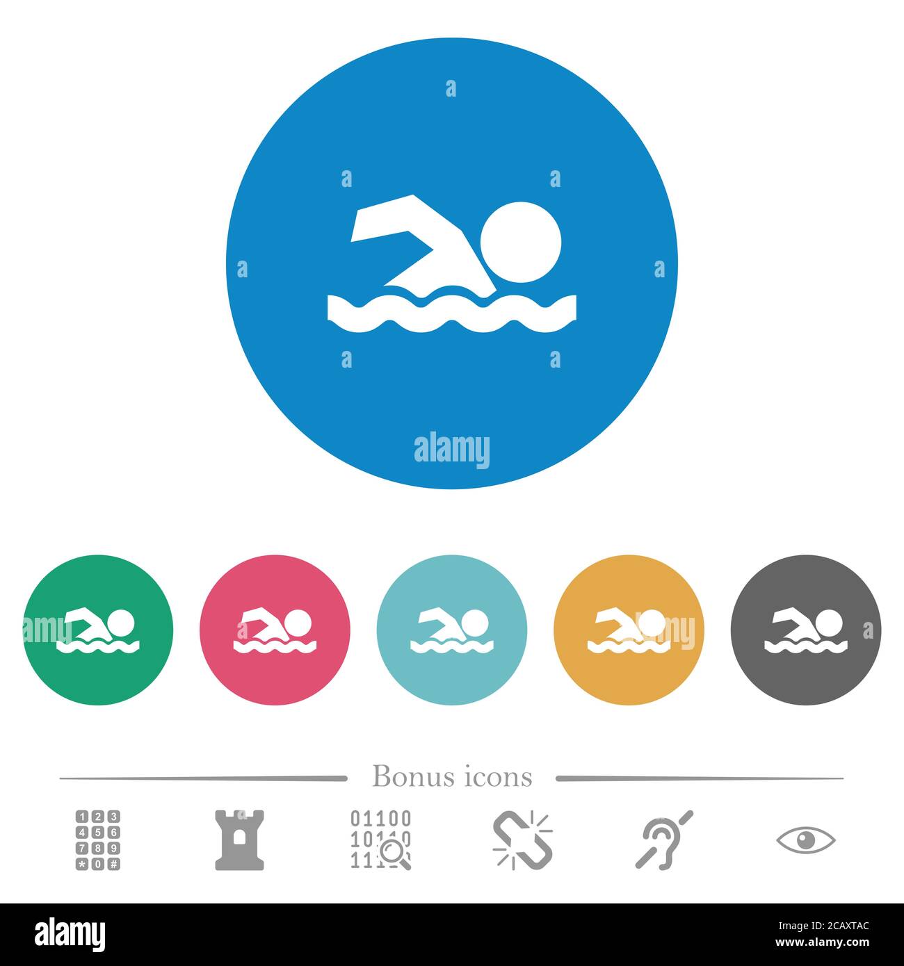 Swimming man flat white icons on round color backgrounds. 6 bonus icons ...