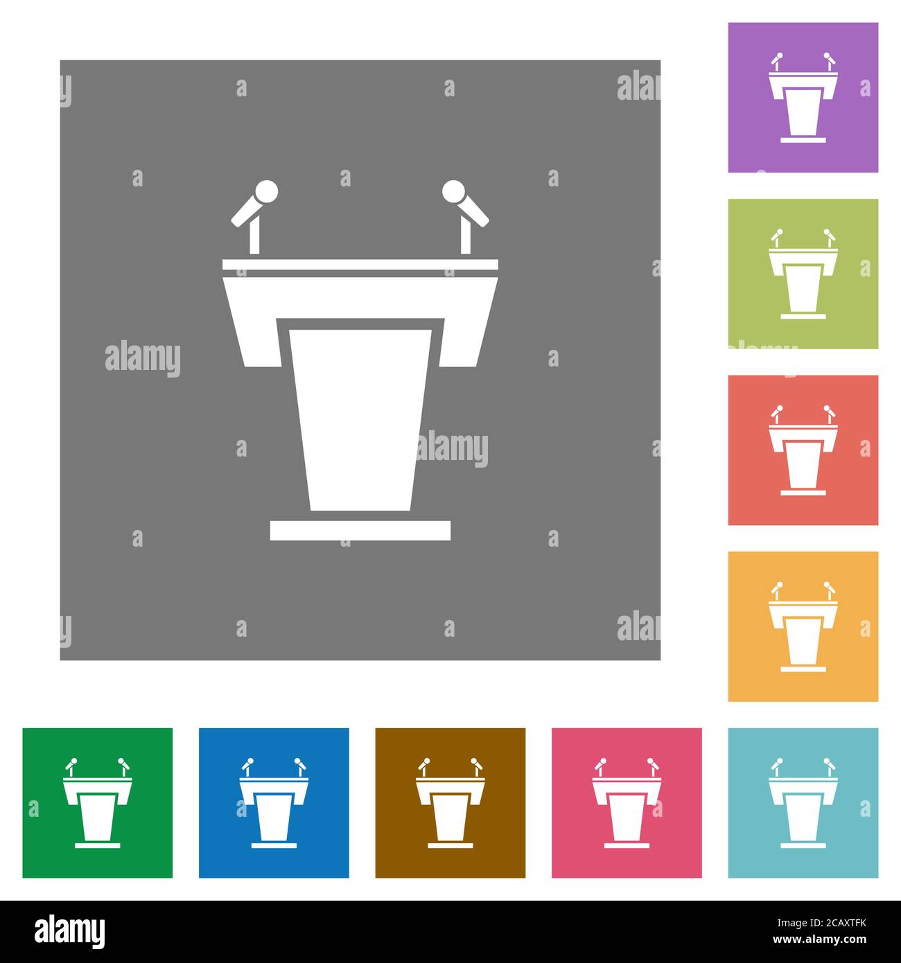 Conference podium with microphones flat icons on simple color square ...