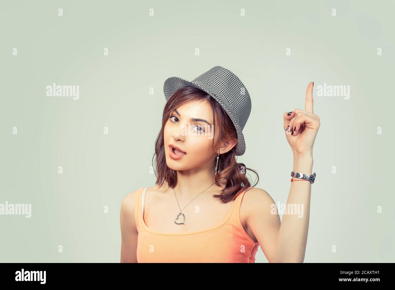 Thinking girl having idea. Closeup portrait intelligent beautiful cute ...