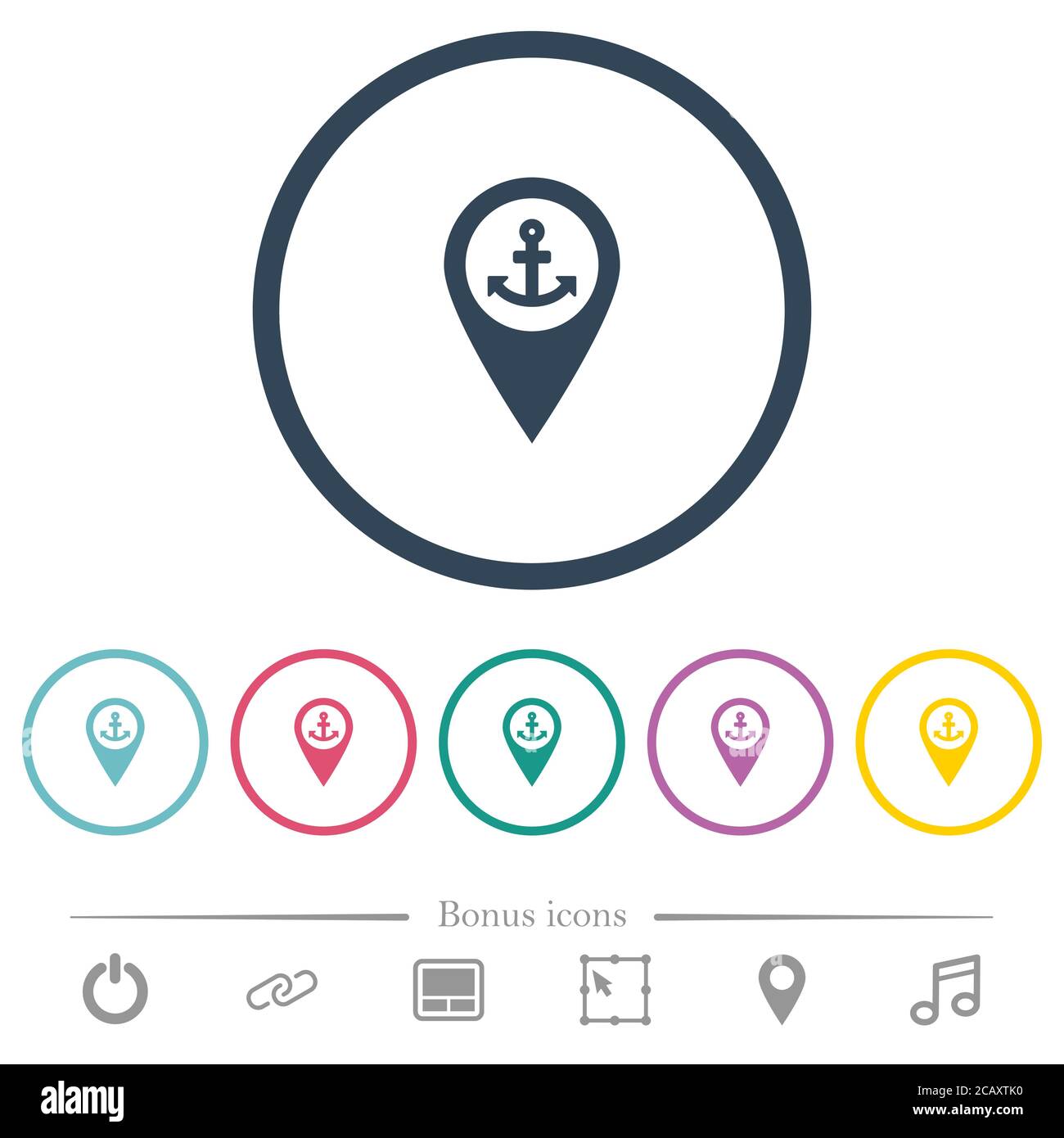 Sea port GPS map location flat color icons in round outlines. 6 bonus ...