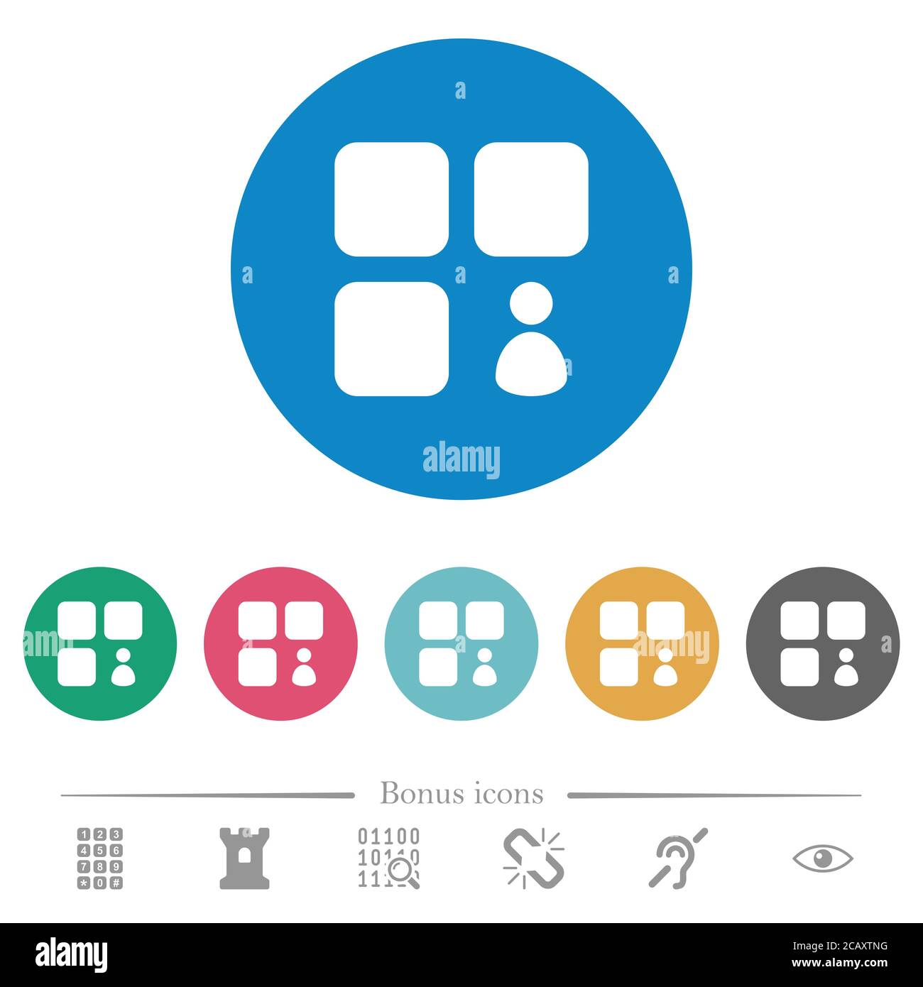 Component owner flat white icons on round color backgrounds. 6 bonus ...
