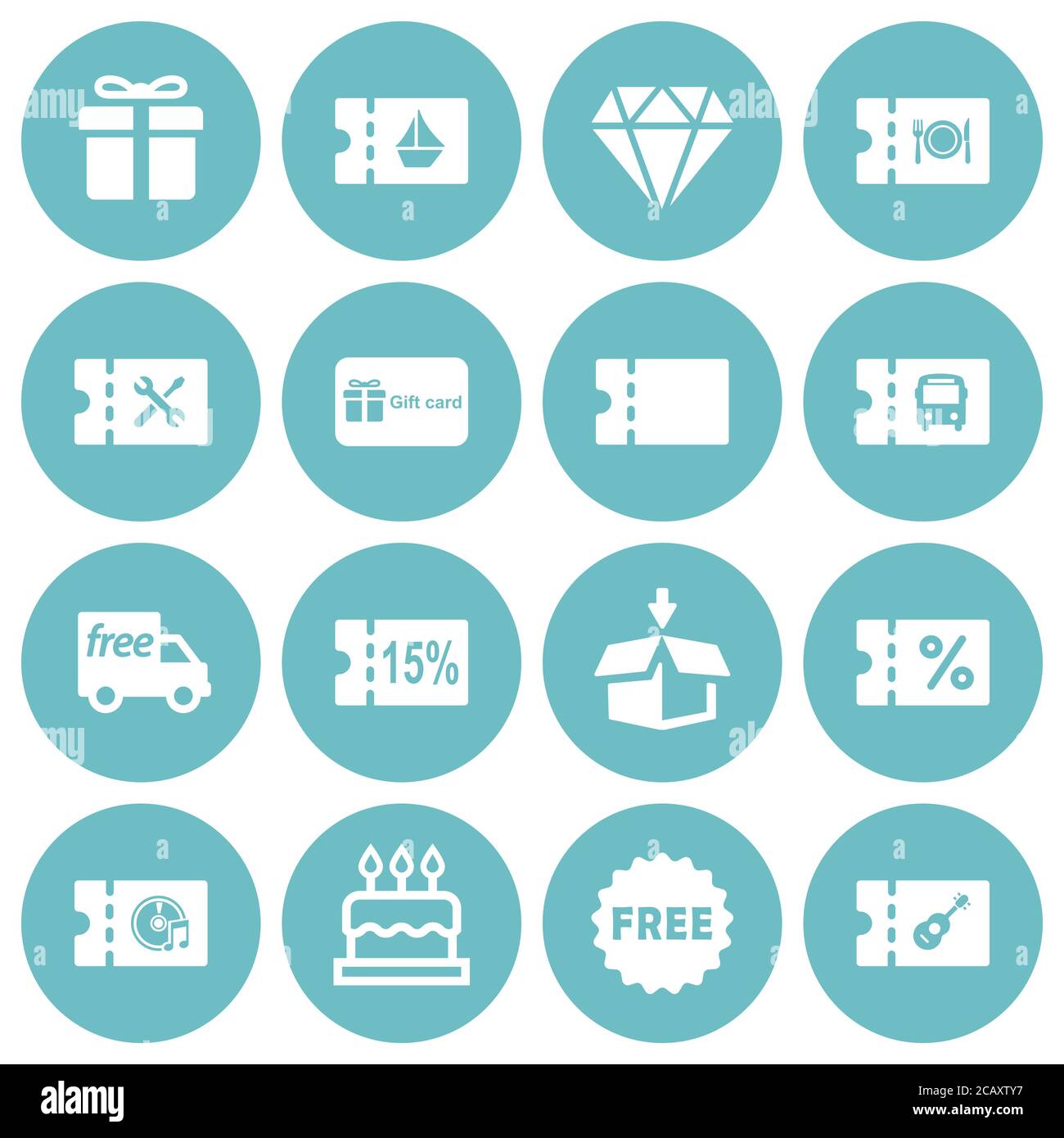 Set of 16 white flat gift and coupon icons on round light blue ...