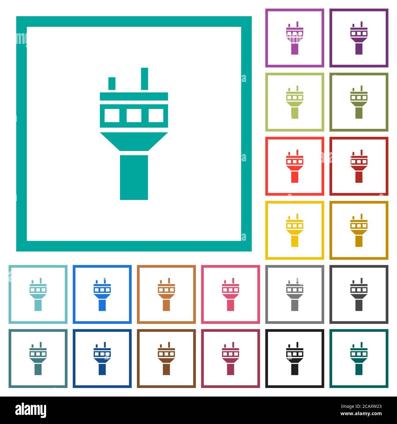 Air control tower flat color icons with quadrant frames on white ...