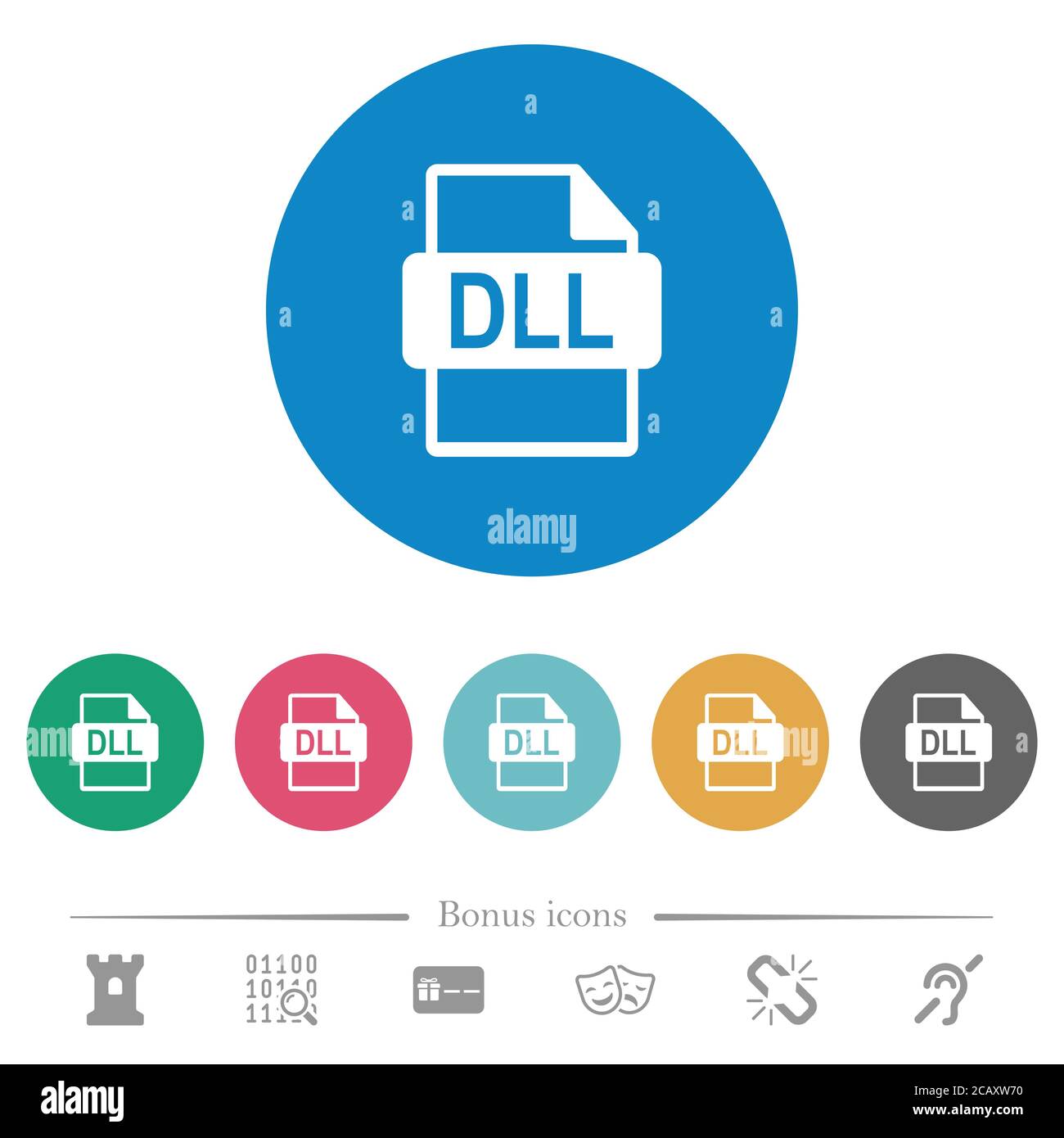 DLL file format flat white icons on round color backgrounds. 6 bonus ...