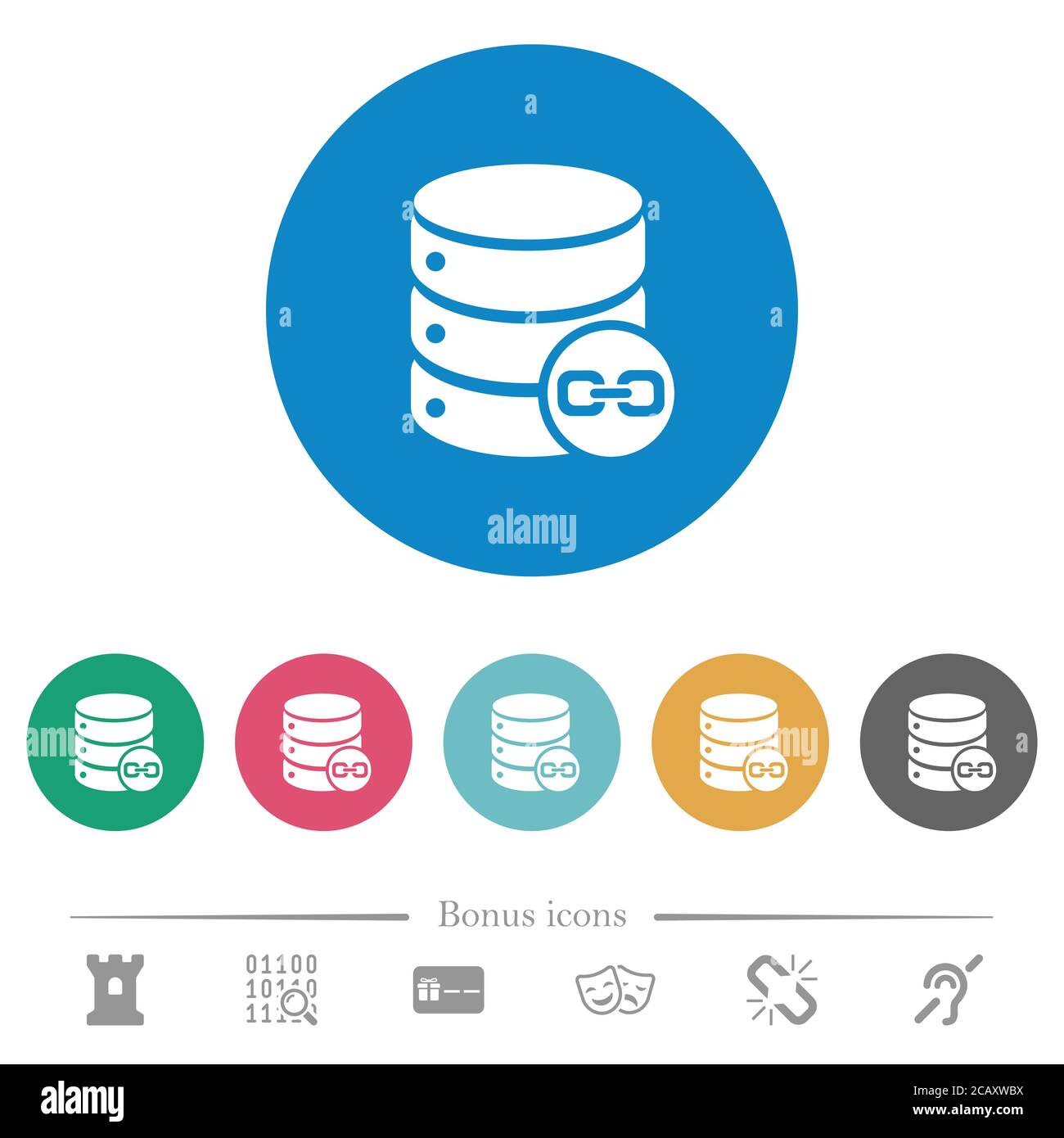 Joined database tables flat white icons on round color backgrounds. 6 ...