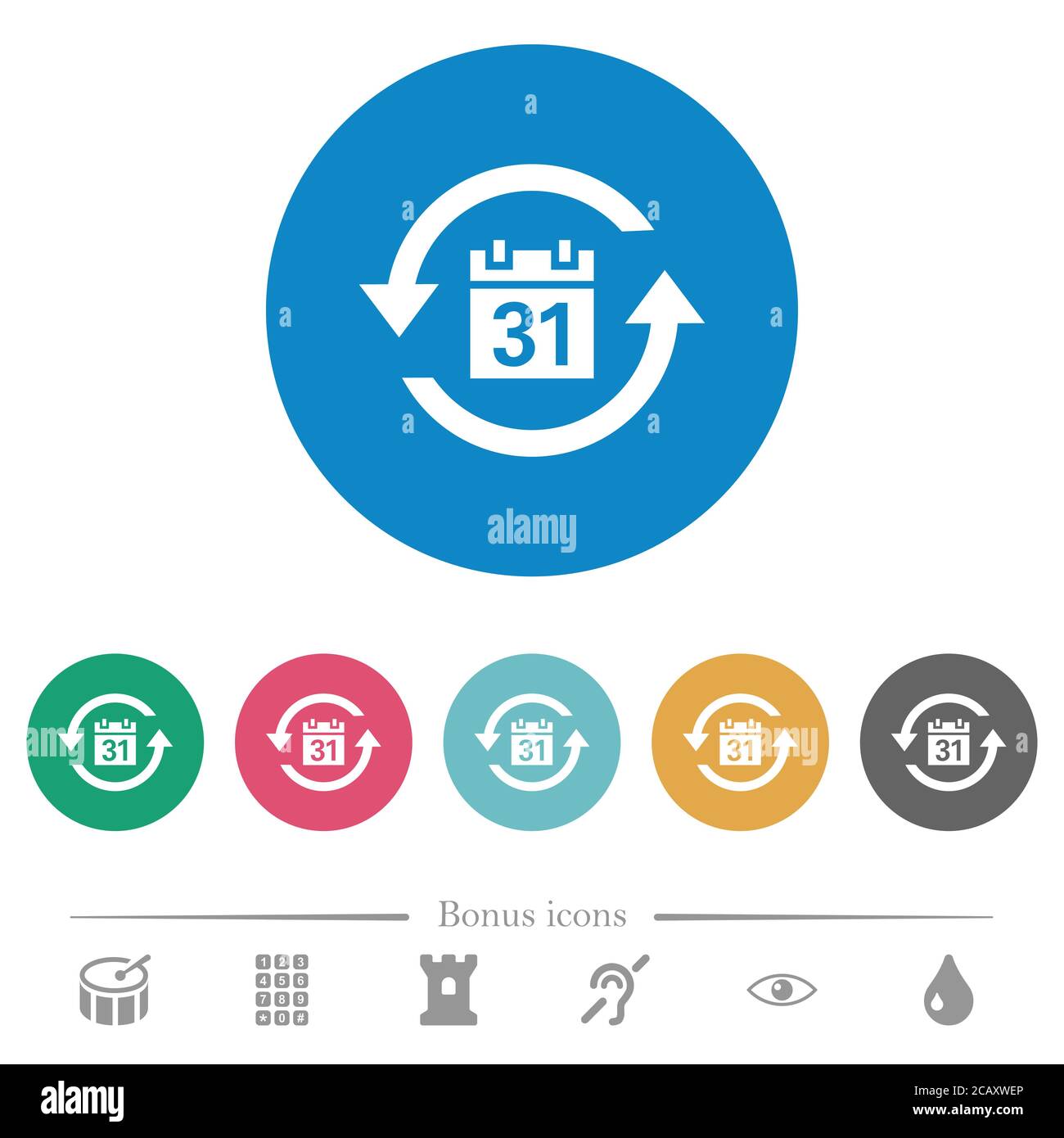 Monthly subscription flat white icons on round color backgrounds. 6 ...