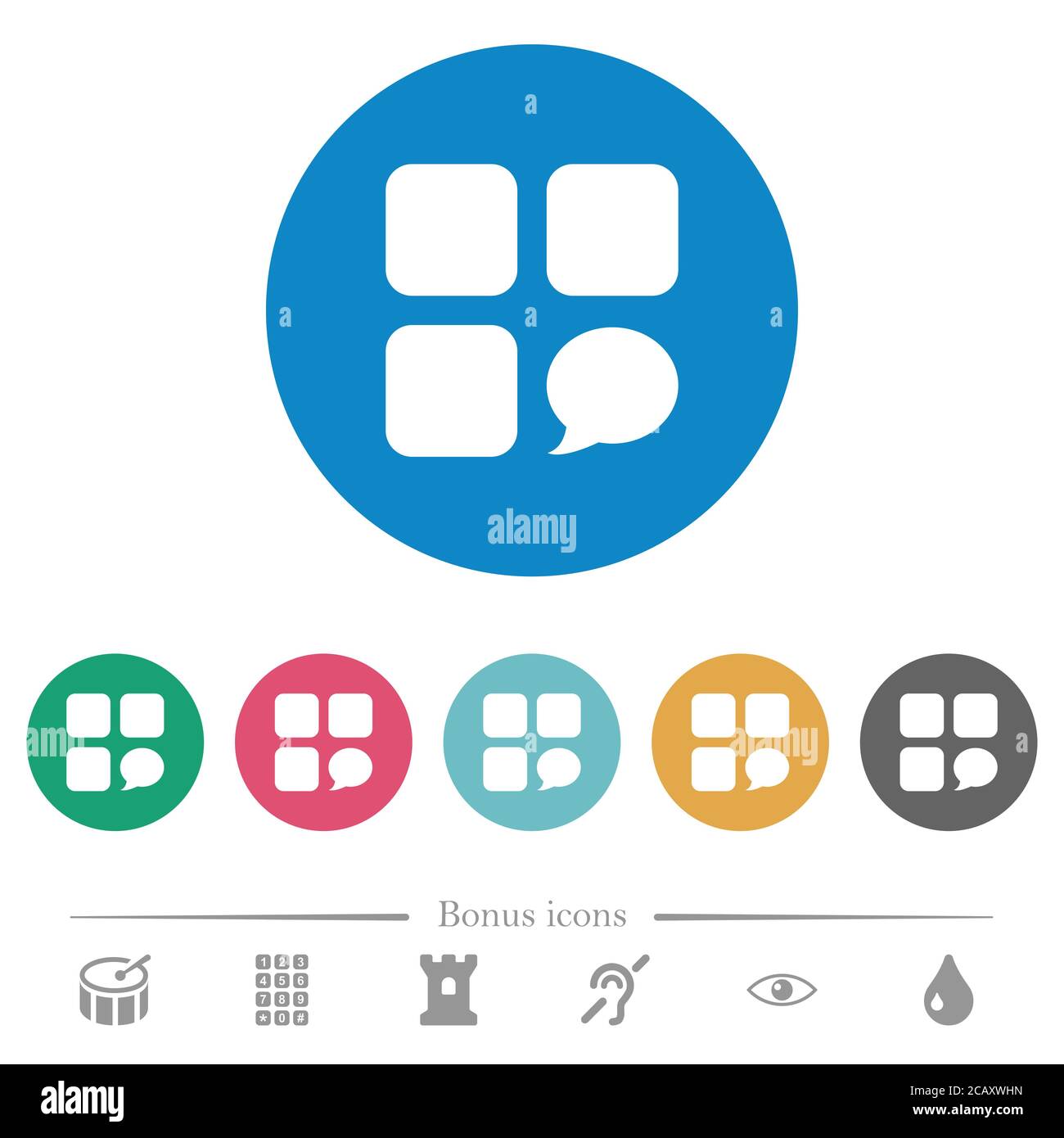 Message component flat white icons on round color backgrounds. 6 bonus ...
