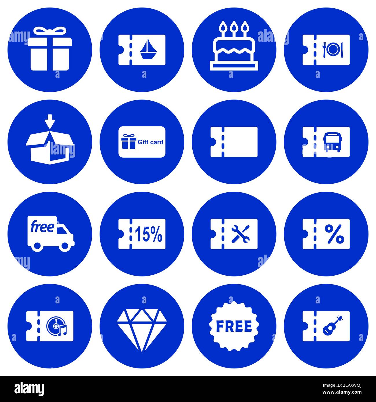 Set of 16 white flat gift and coupon icons on round blue backgrounds Stock Vector Image & Art ...