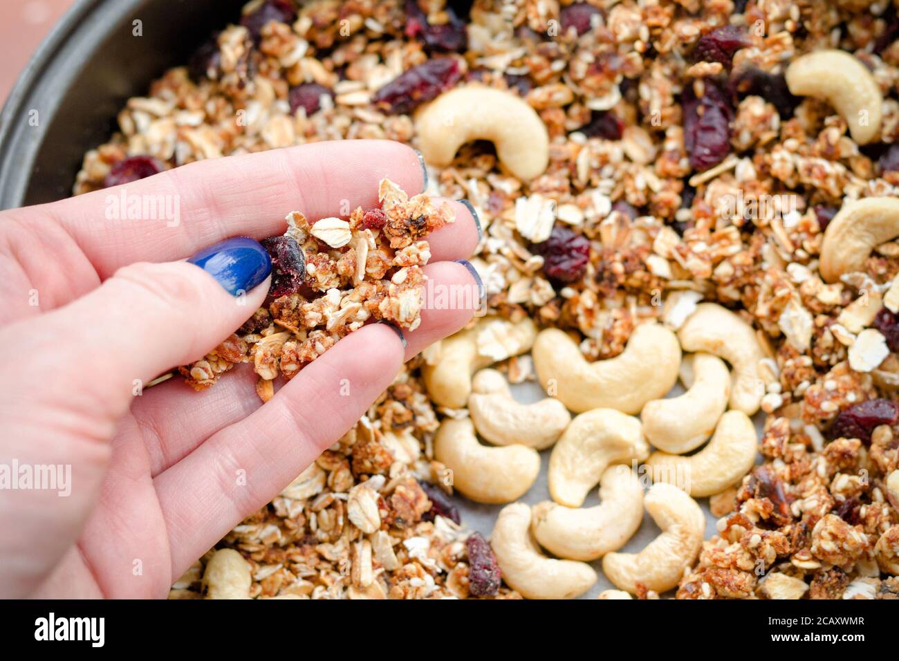 Female hand holds granola against the background of baking sheet with ...