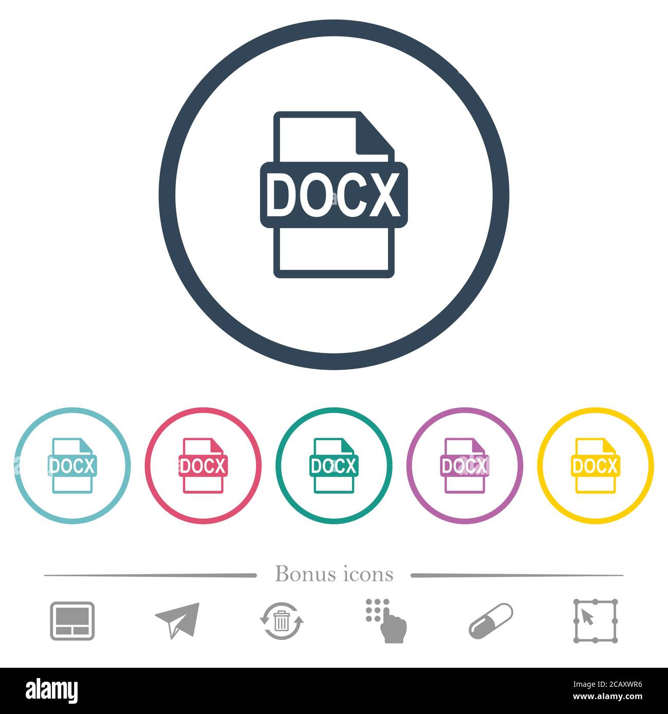 DOCX file format flat color icons in round outlines. 6 bonus icons ...