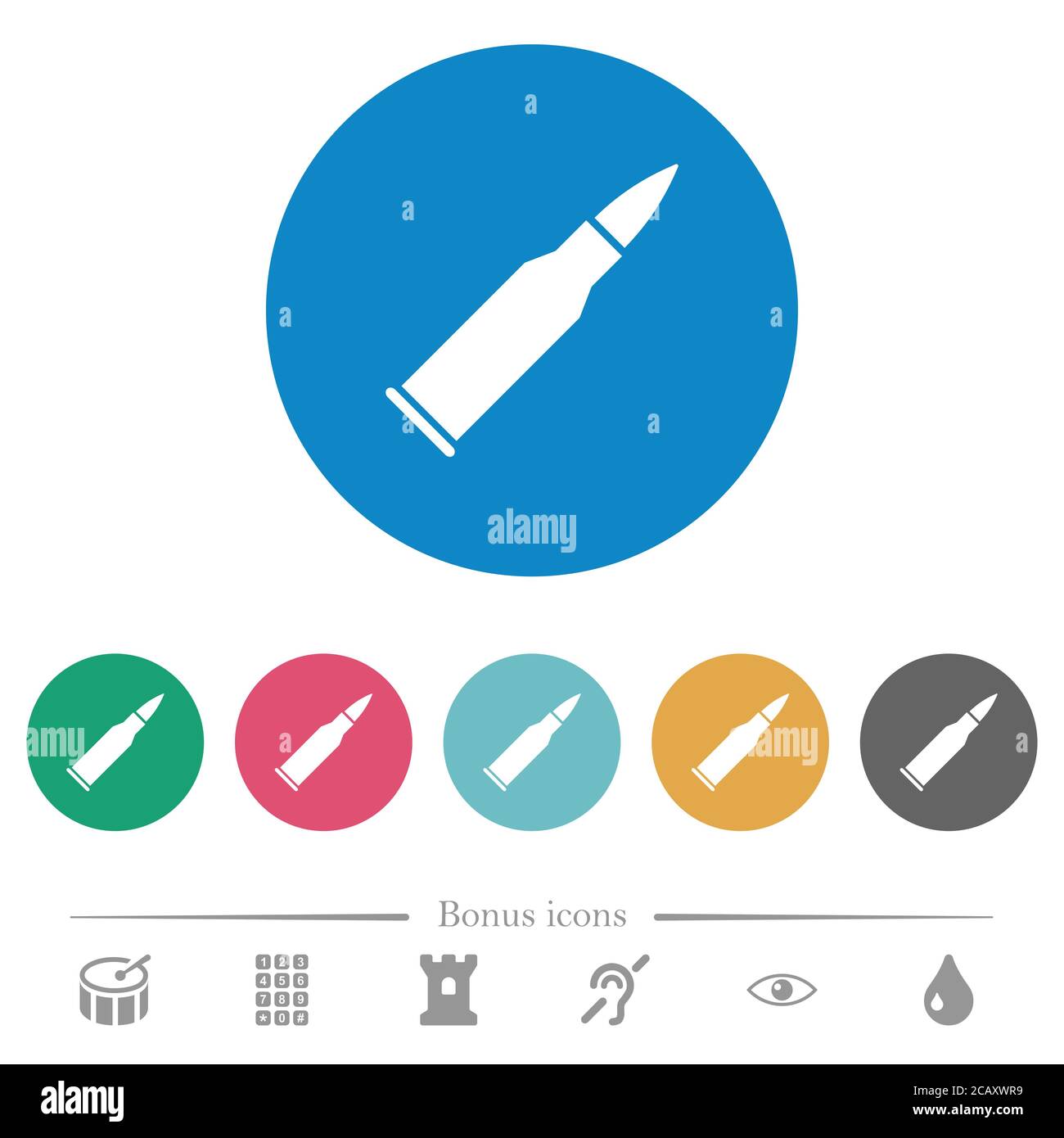 Bullet rifle ammo flat white icons on round color backgrounds. 6 bonus ...