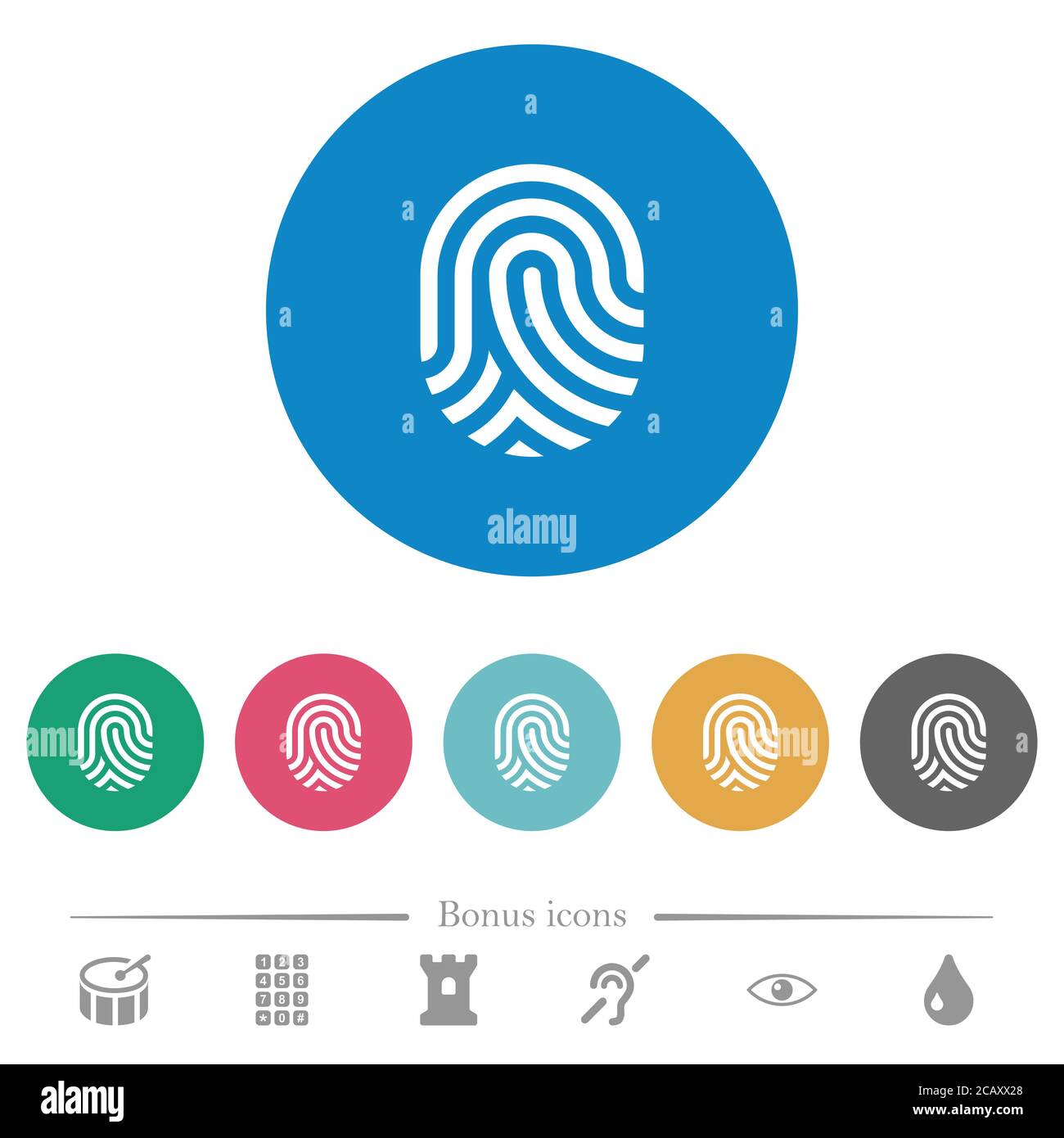 Fingerprint flat white icons on round color backgrounds. 6 bonus icons ...