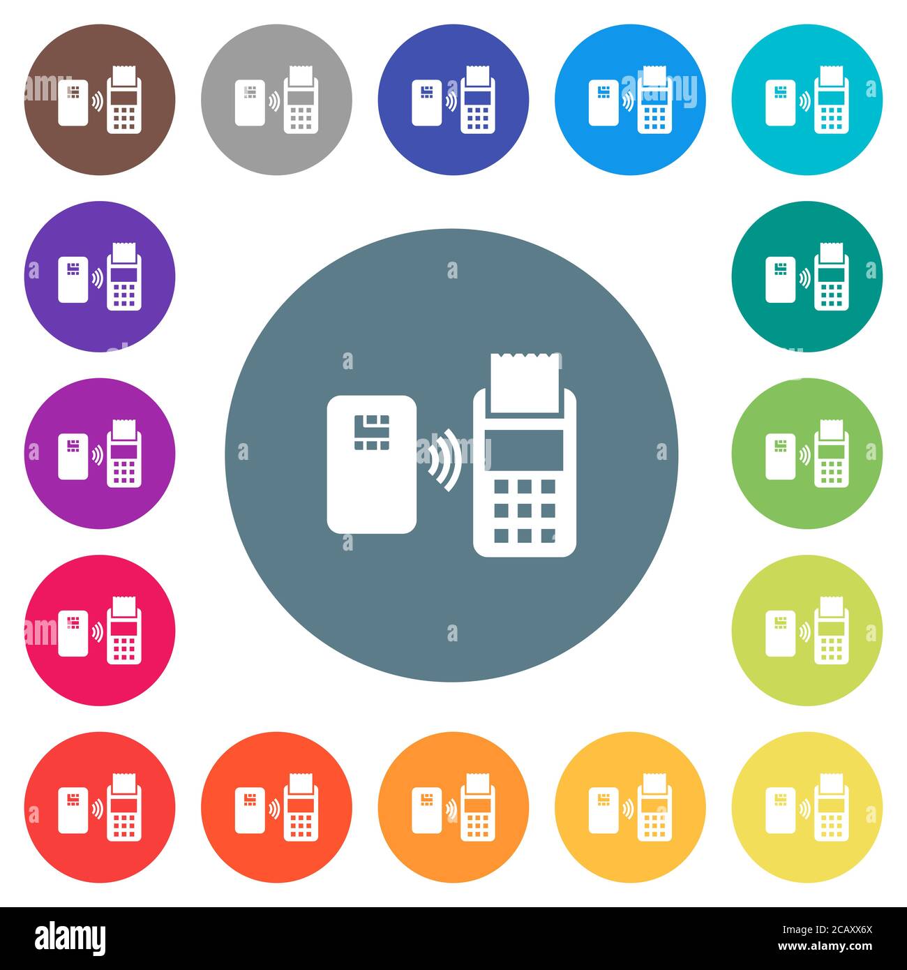 Contactless payment flat white icons on round color backgrounds. 17 ...