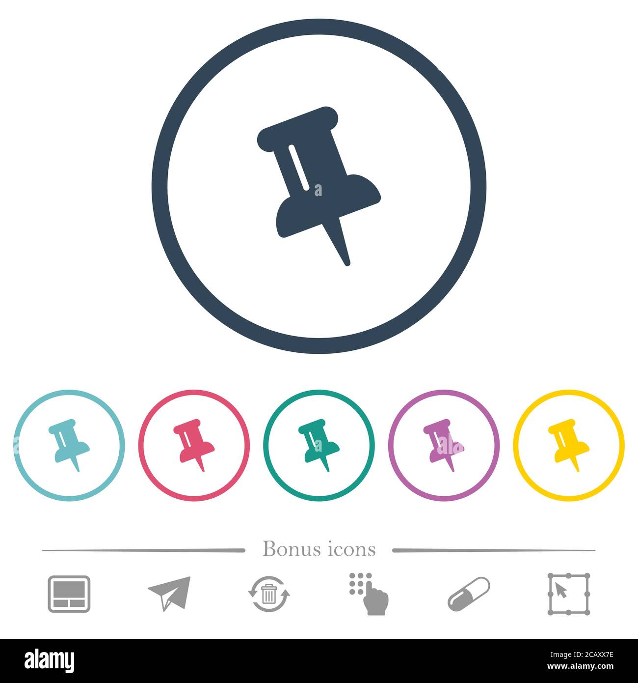 Push pin flat color icons in round outlines. 6 bonus icons included ...