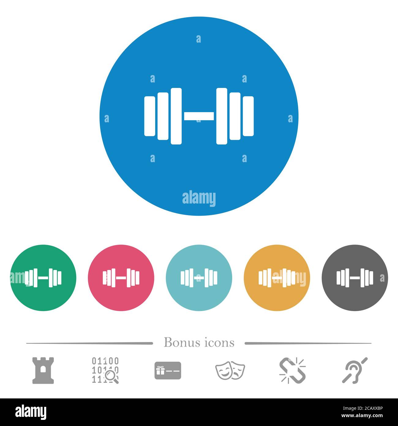 Gym flat white icons on round color backgrounds. 6 bonus icons included ...