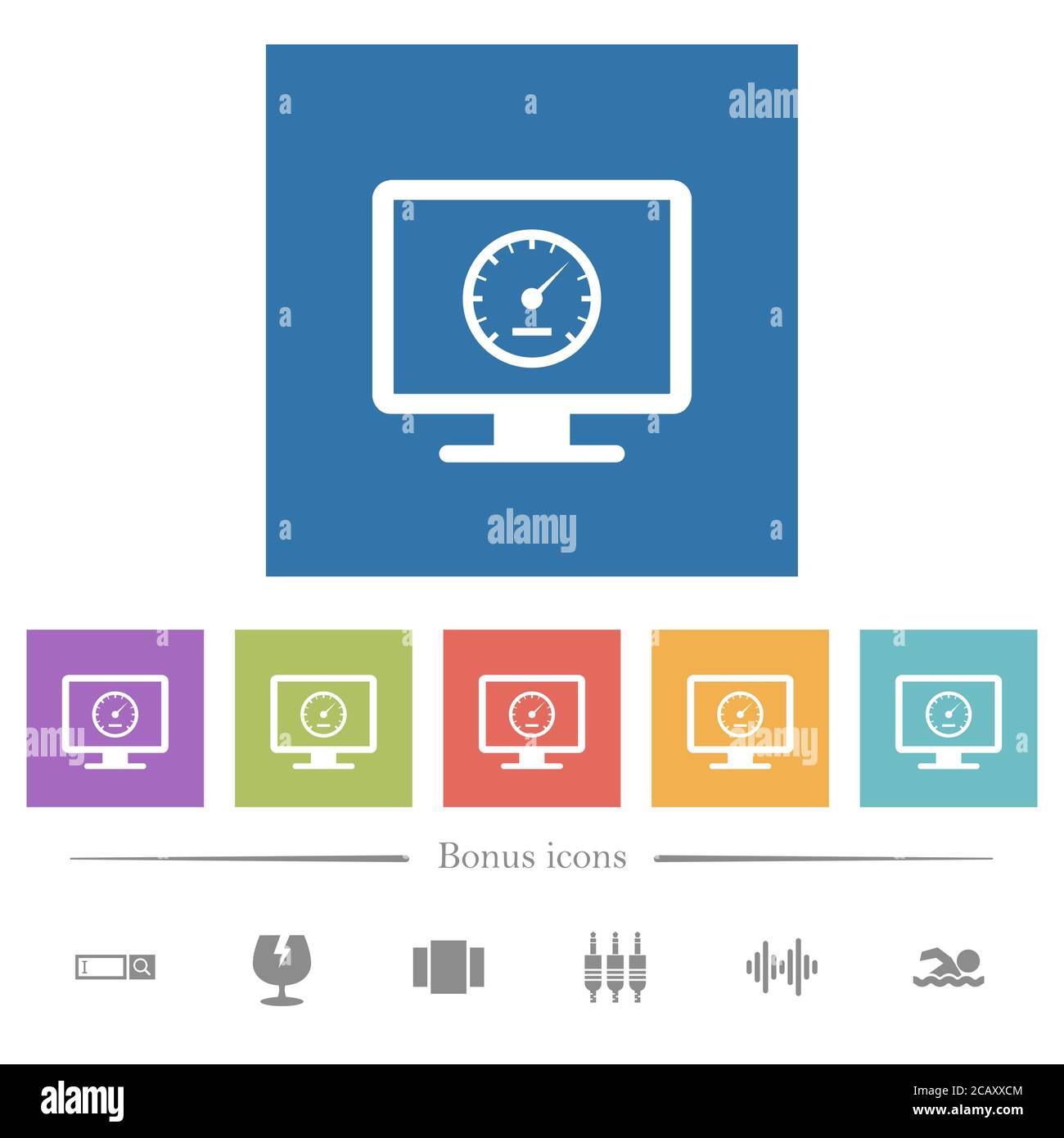 Computer benchmark flat white icons in square backgrounds. 6 bonus ...