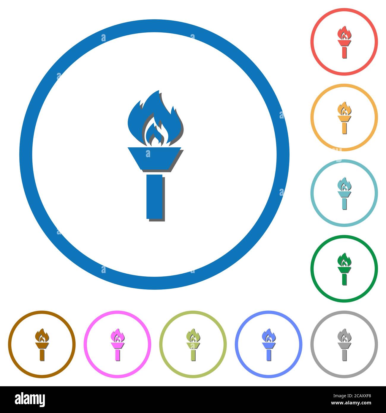 Torch flat color vector icons with shadows in round outlines on white ...