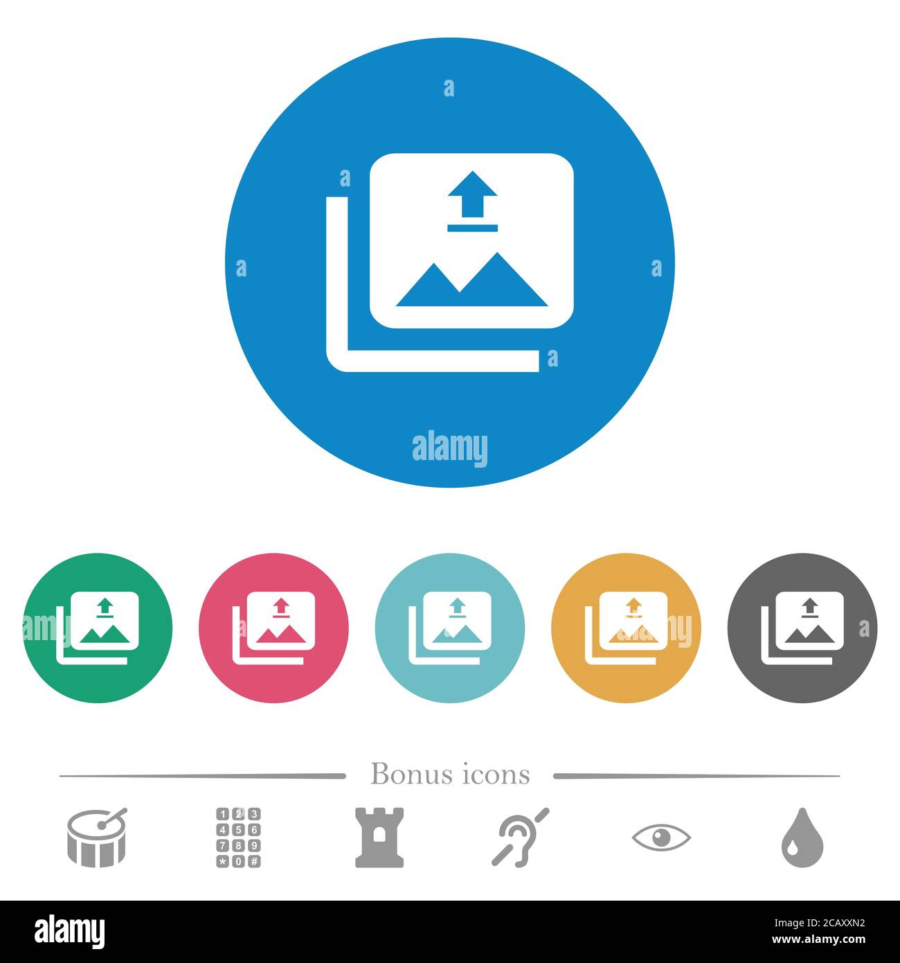 Upload multiple images flat white icons on round color backgrounds. 6 ...