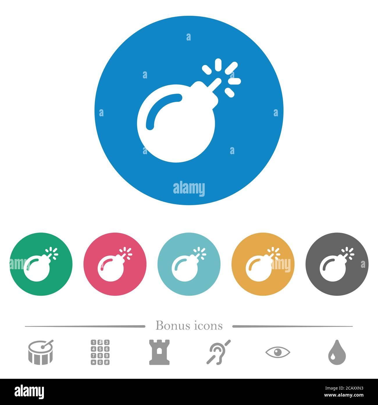 Bomb with sparkling fuse flat white icons on round color backgrounds. 6 ...