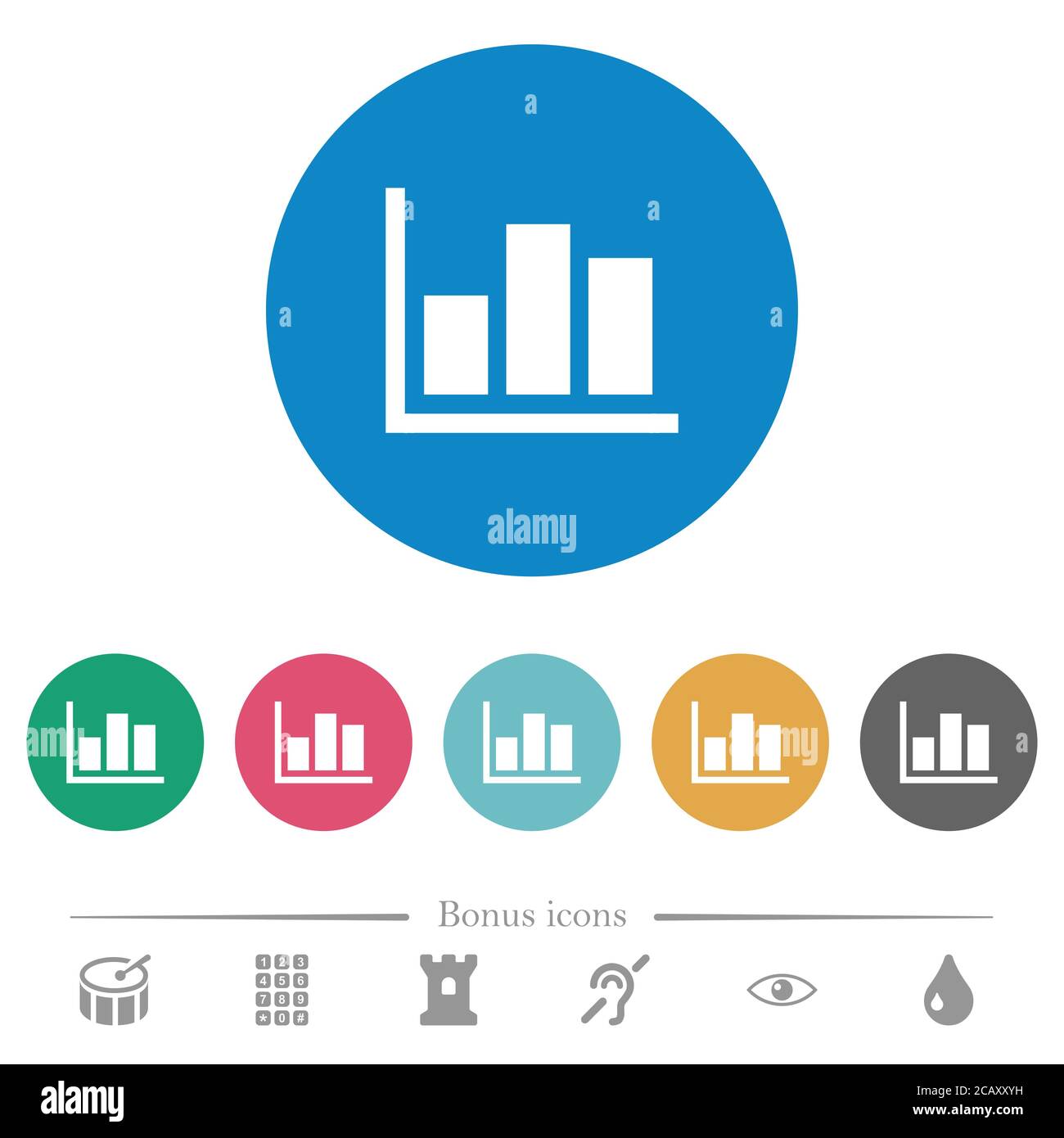 Statistics flat white icons on round color backgrounds. 6 bonus icons ...