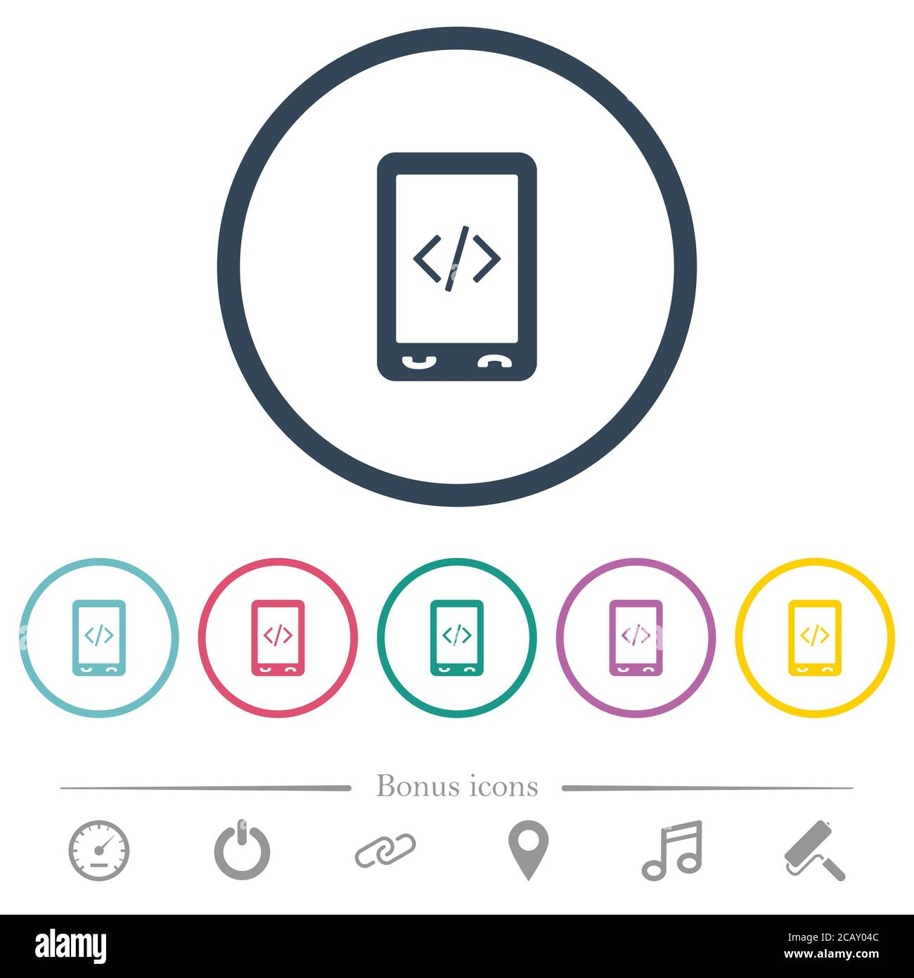 Mobile scripting flat color icons in round outlines. 6 bonus icons ...