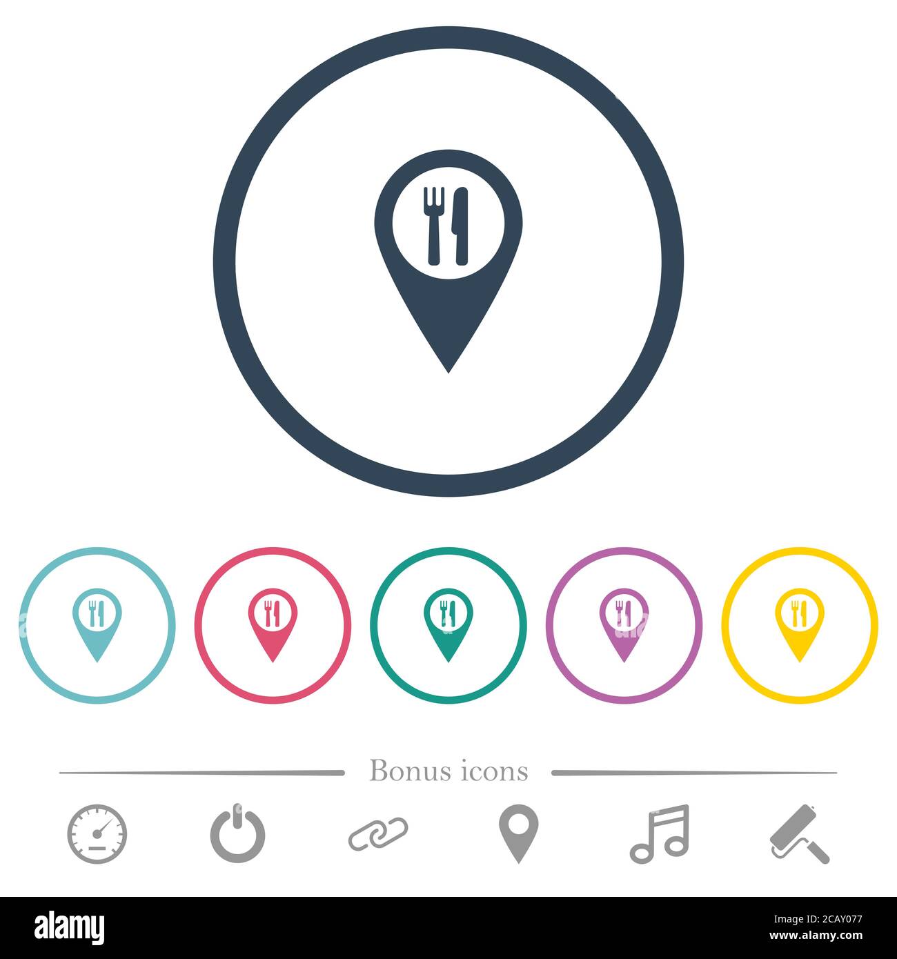 Restaurant GPS map location flat color icons in round outlines. 6 bonus ...