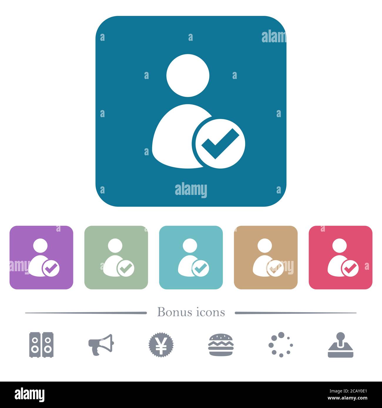 User account accepted white flat icons on color rounded square ...