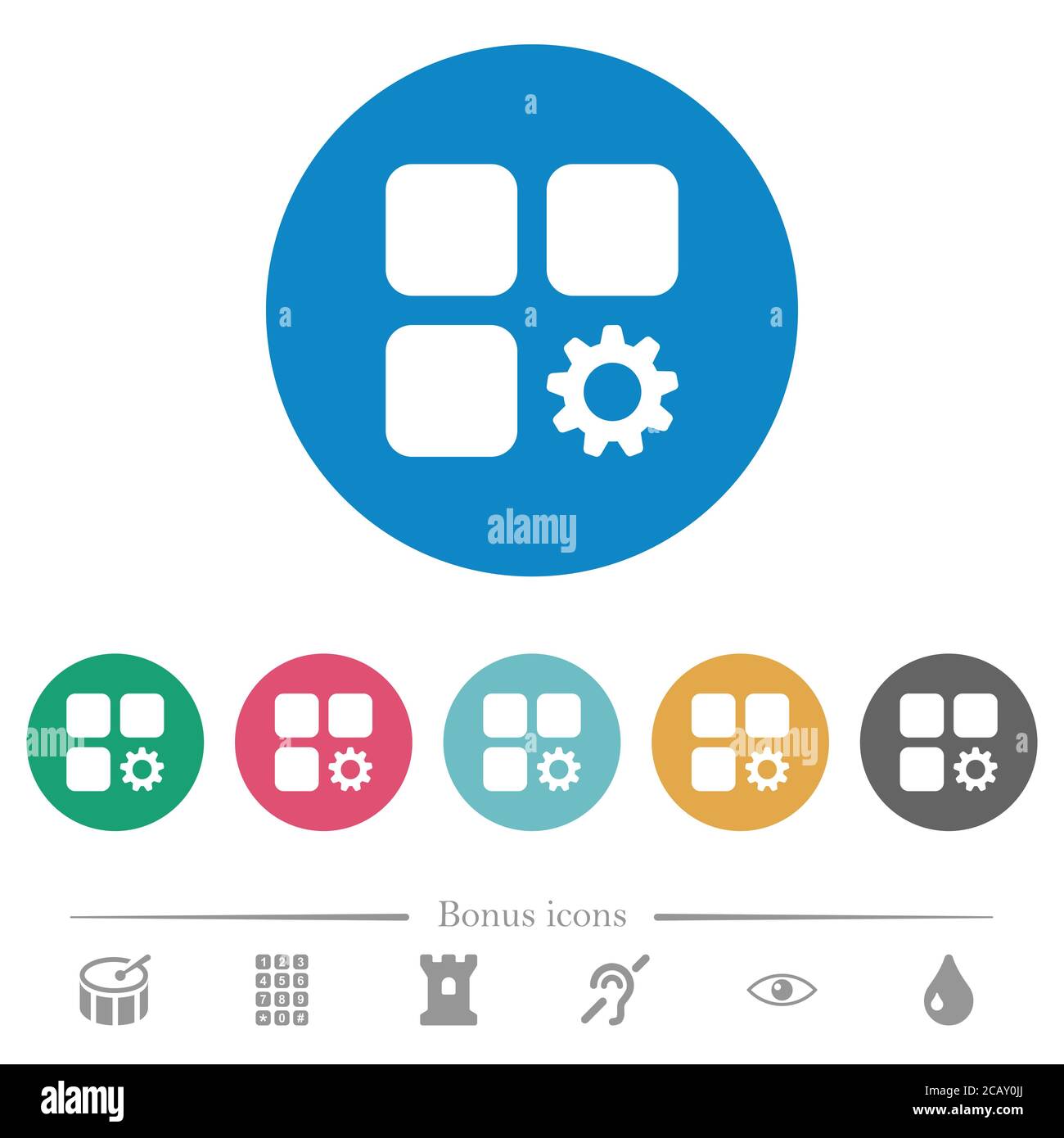 Component settings flat white icons on round color backgrounds. 6 bonus ...