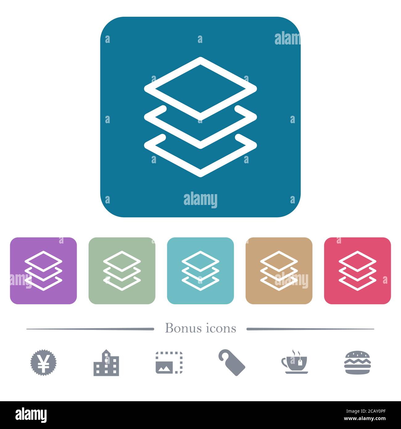 Layers white flat icons on color rounded square backgrounds. 6 bonus ...
