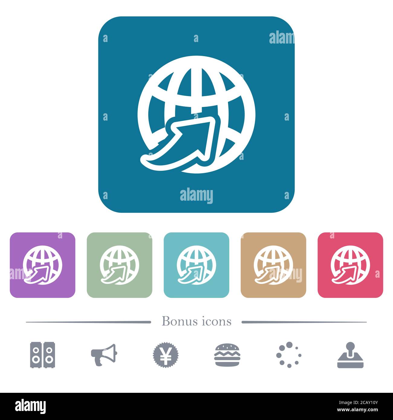 Worldwide white flat icons on color rounded square backgrounds. 6 bonus ...