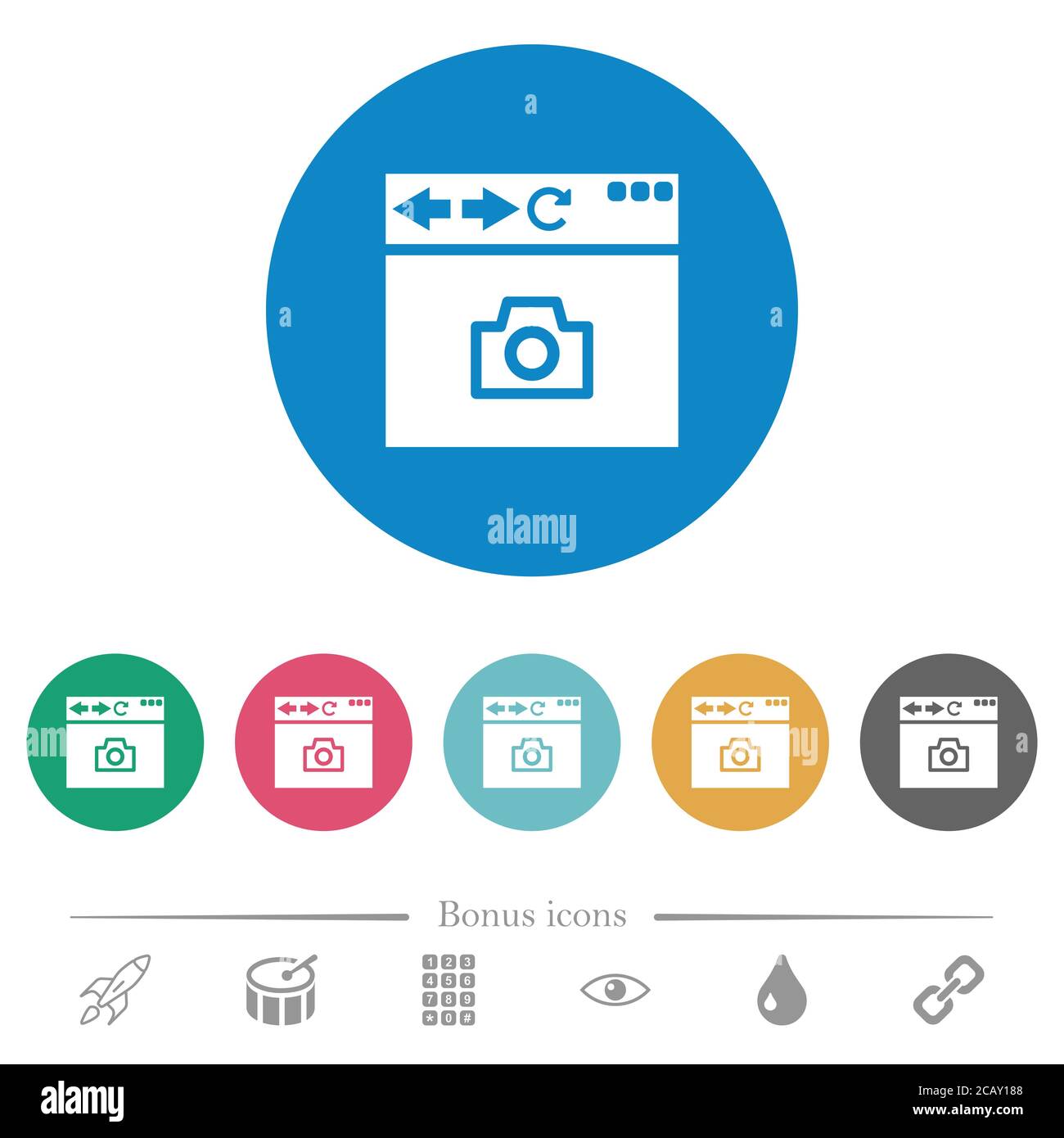 Capture browser screen flat white icons on round color backgrounds. 6 ...