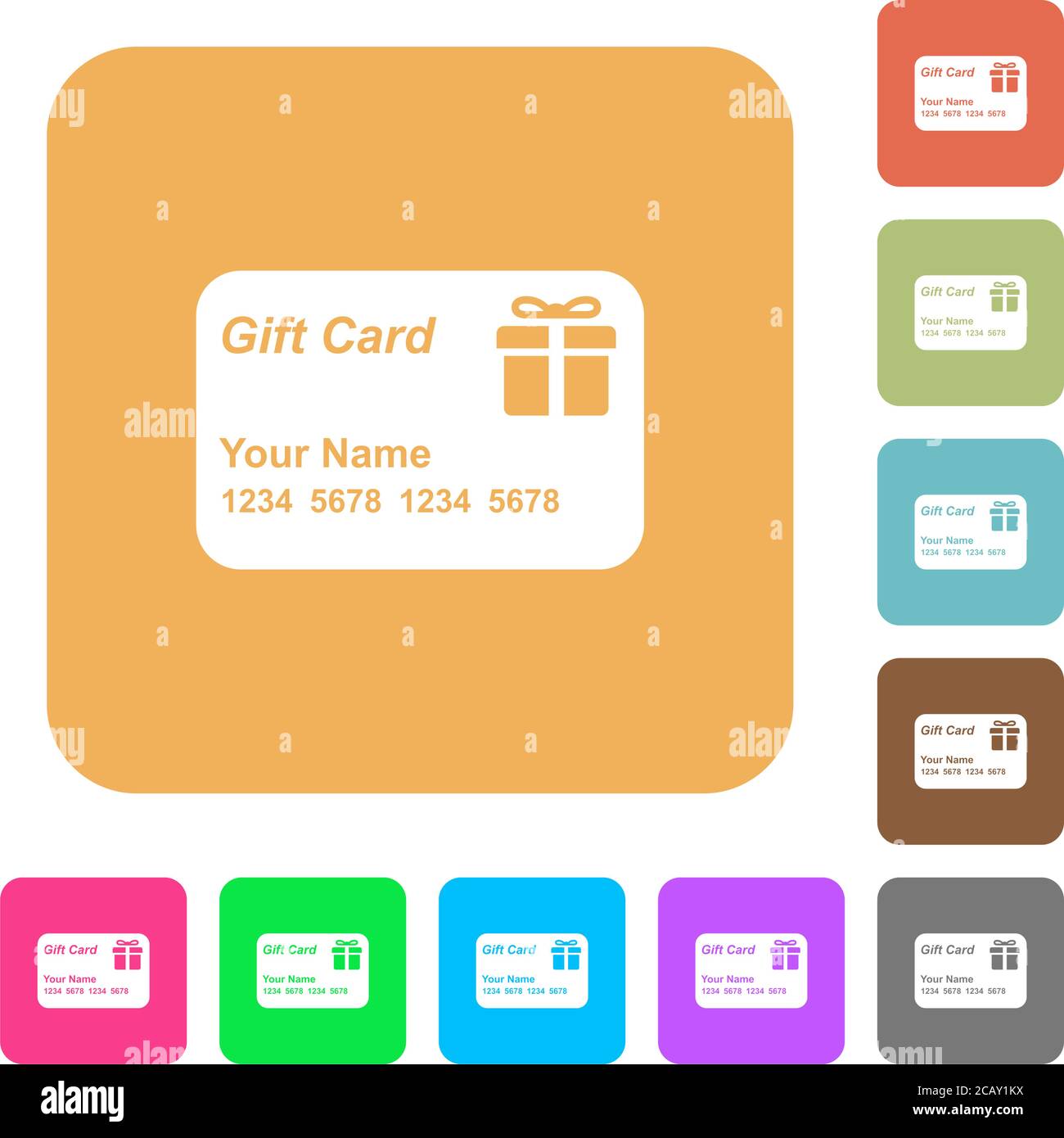 Gift card with name and numbers flat icons on rounded square vivid ...