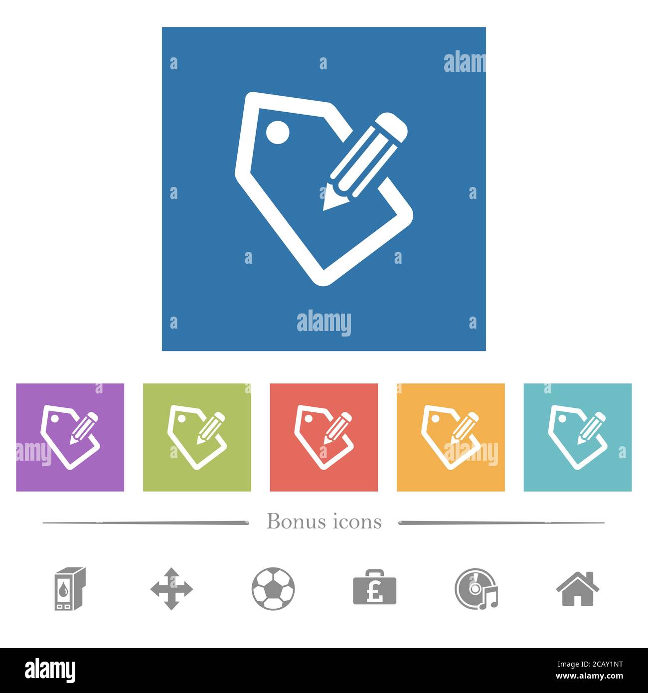 Tagging with pencil flat white icons in square backgrounds. 6 bonus ...