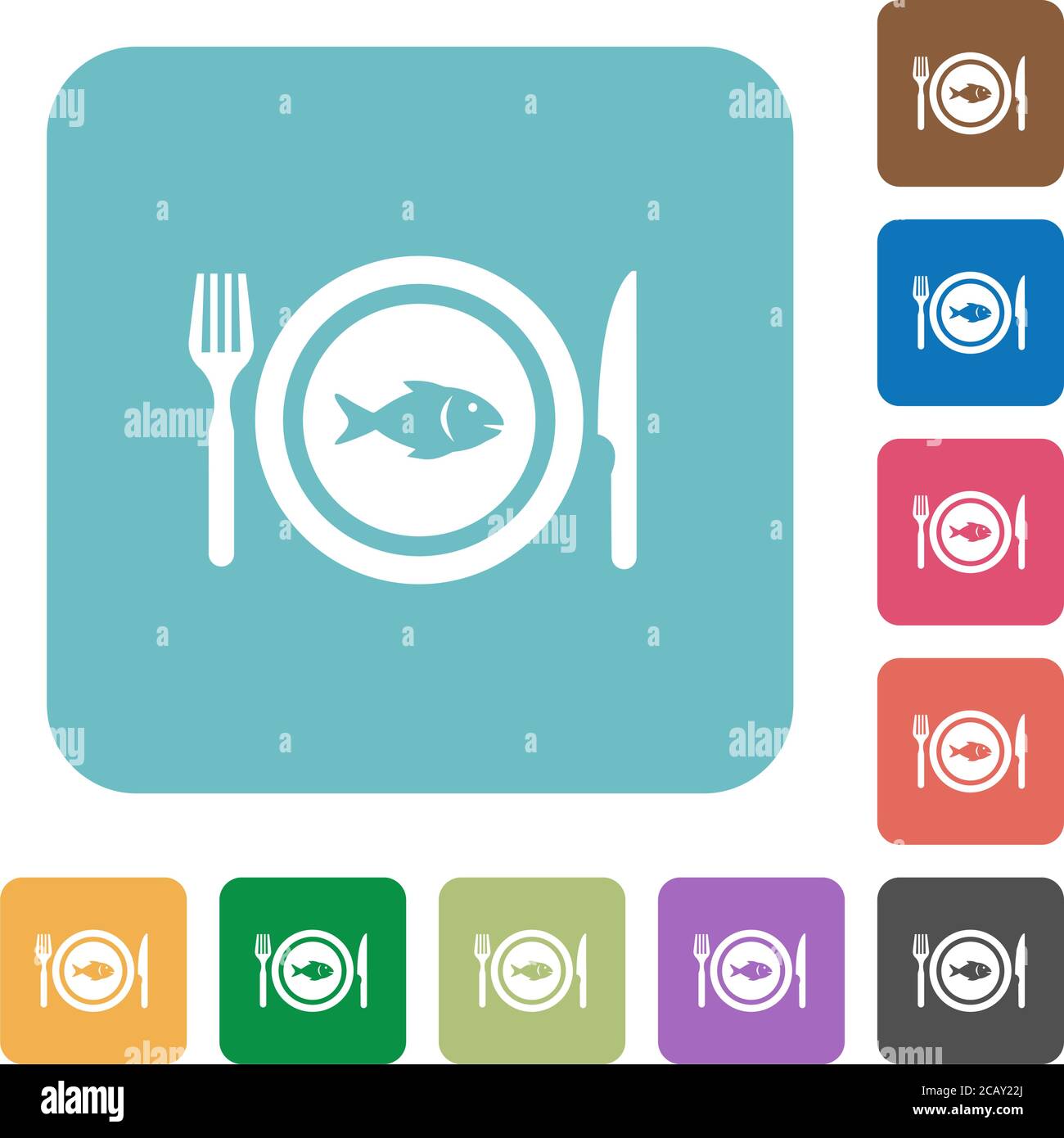 Fish for lunch white flat icons on color rounded square backgrounds ...