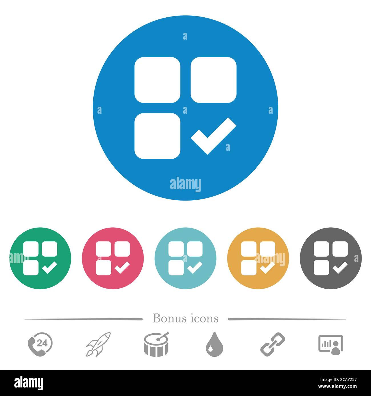 Component ok flat white icons on round color backgrounds. 6 bonus icons ...