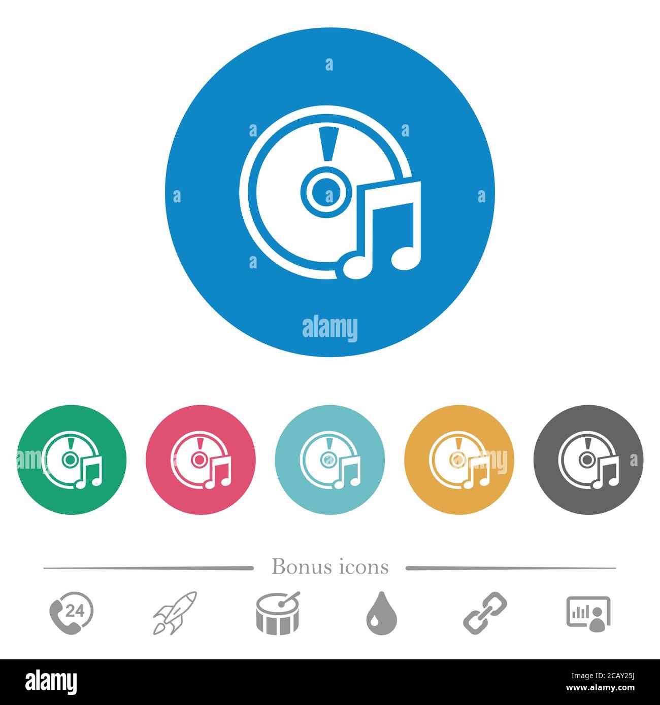 Audio CD flat white icons on round color backgrounds. 6 bonus icons ...
