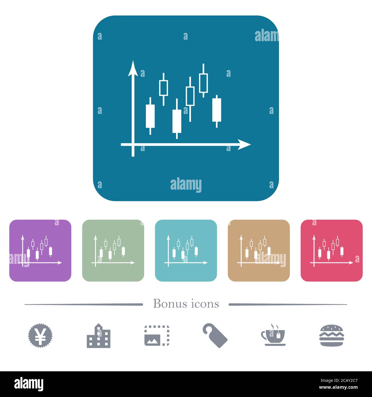 Candlestick graph with axes white flat icons on color rounded square ...