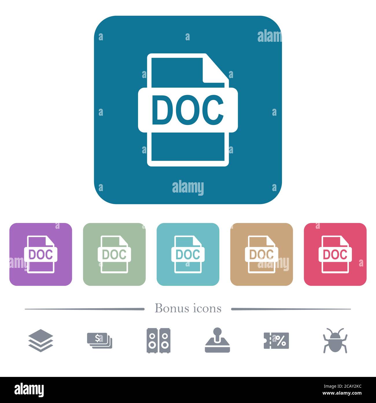 DOC file format white flat icons on color rounded square backgrounds. 6 ...