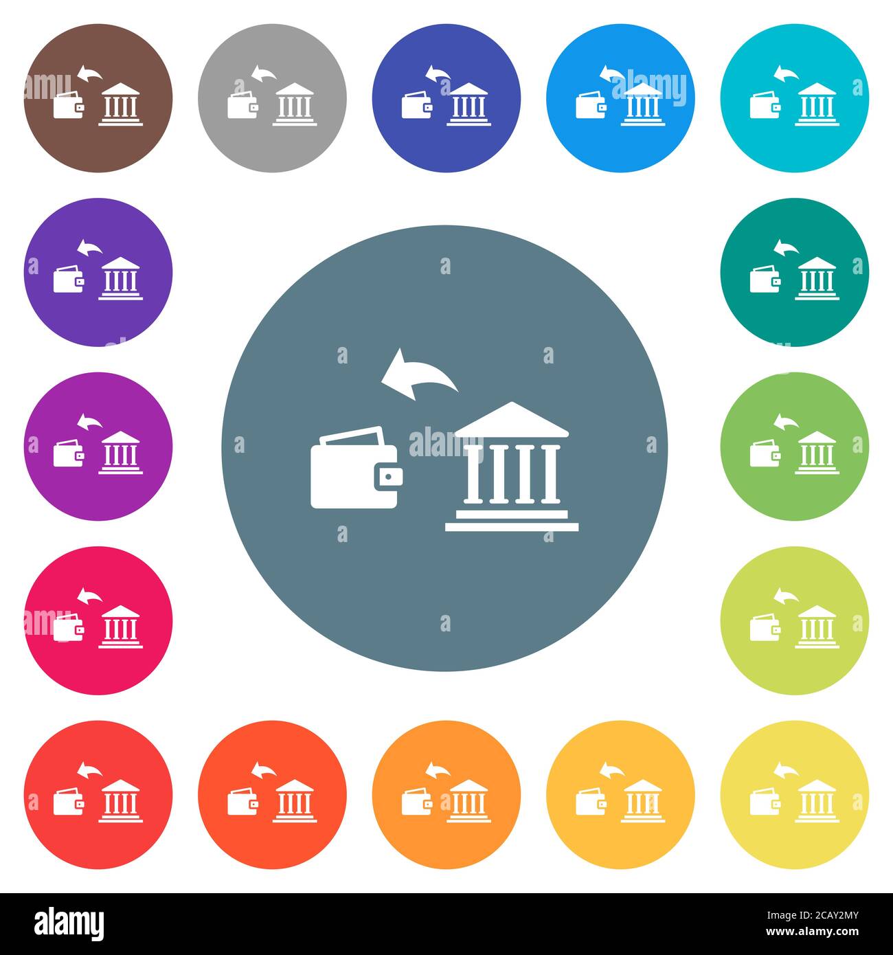 Money withdrawal from bank flat white icons on round color backgrounds ...