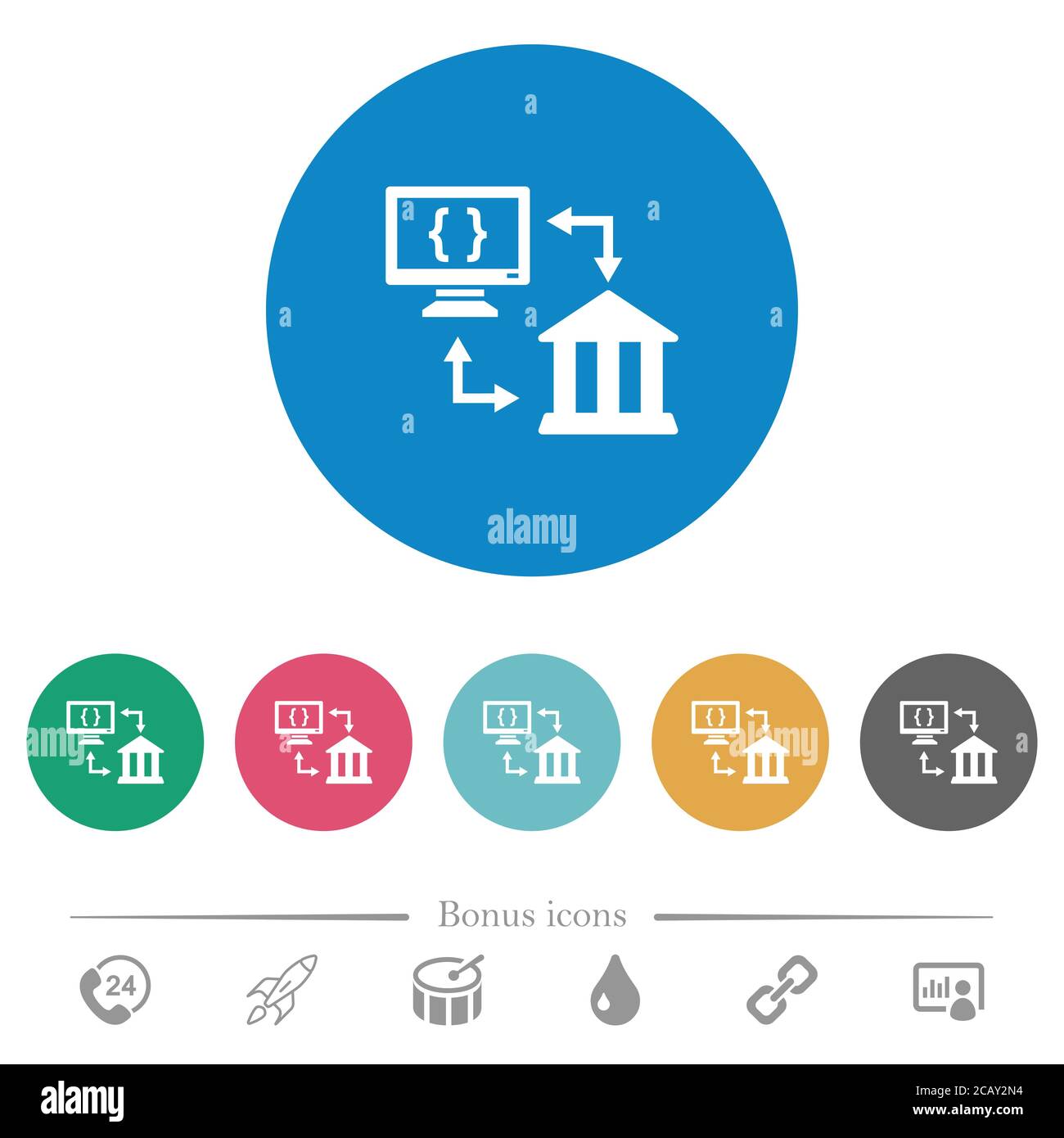 Open banking API flat white icons on round color backgrounds. 6 bonus ...