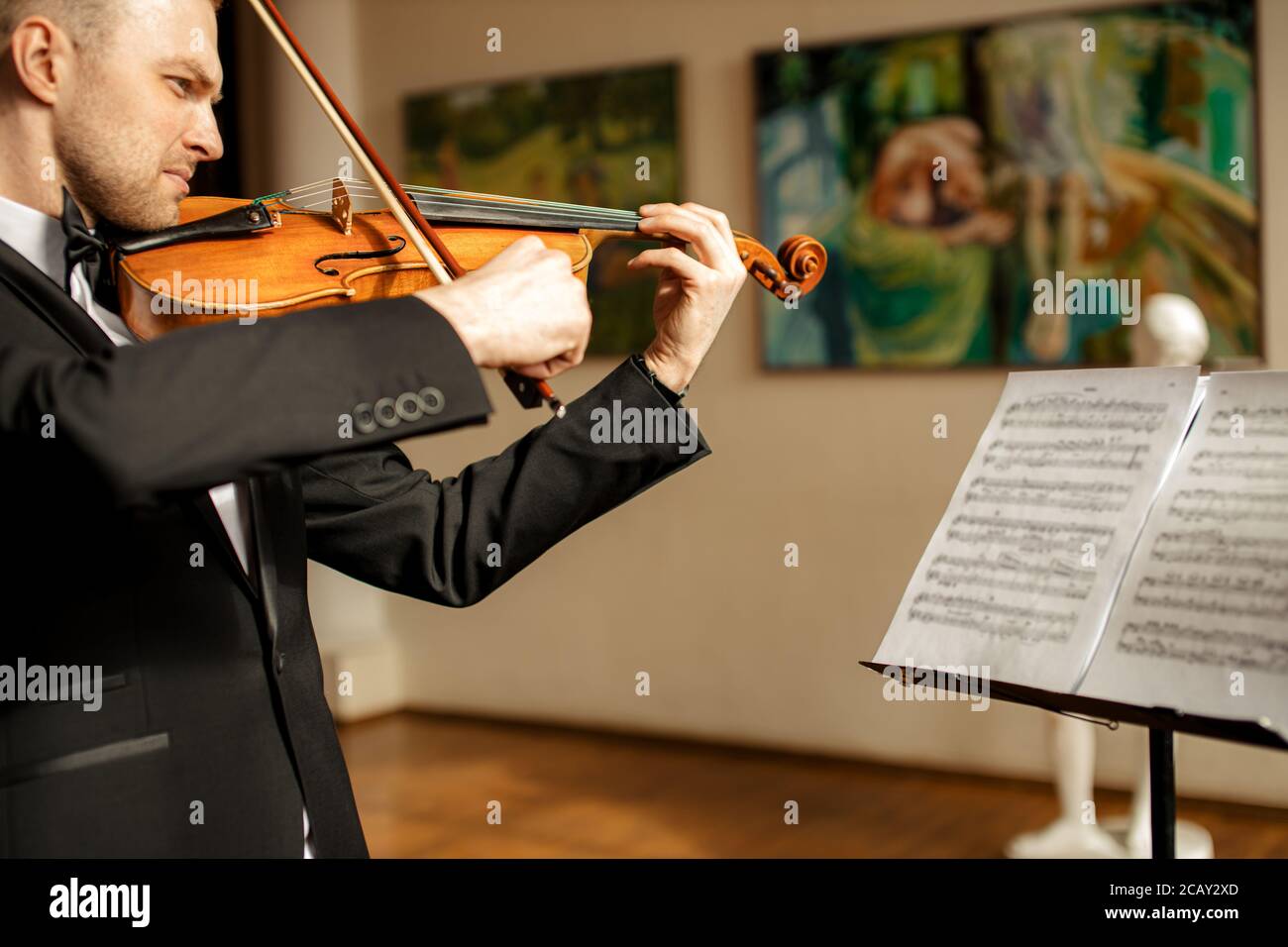 young caucasian talented violinist play violin, handsome guy in formal ...