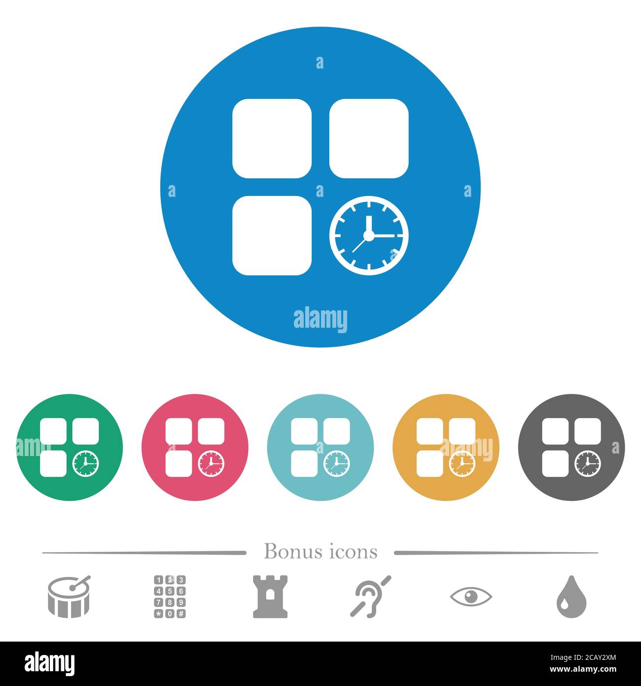 Component timer flat white icons on round color backgrounds. 6 bonus ...