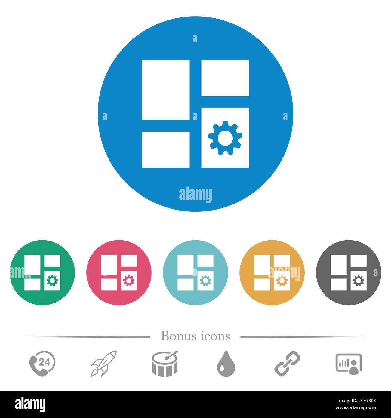 Dashboard settings flat white icons on round color backgrounds. 6 bonus ...