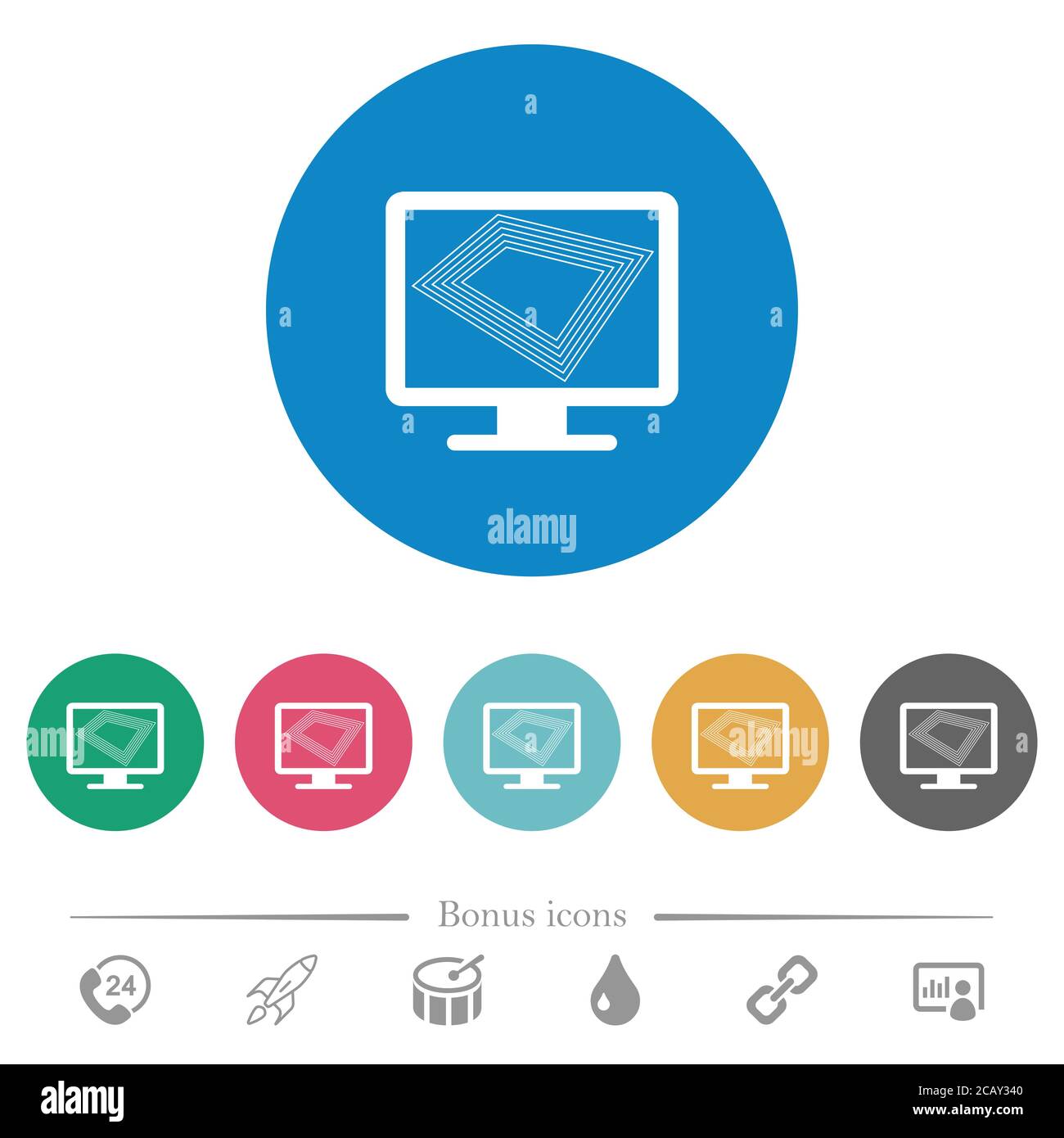 Screen saver on monitor flat white icons on round color backgrounds. 6 ...